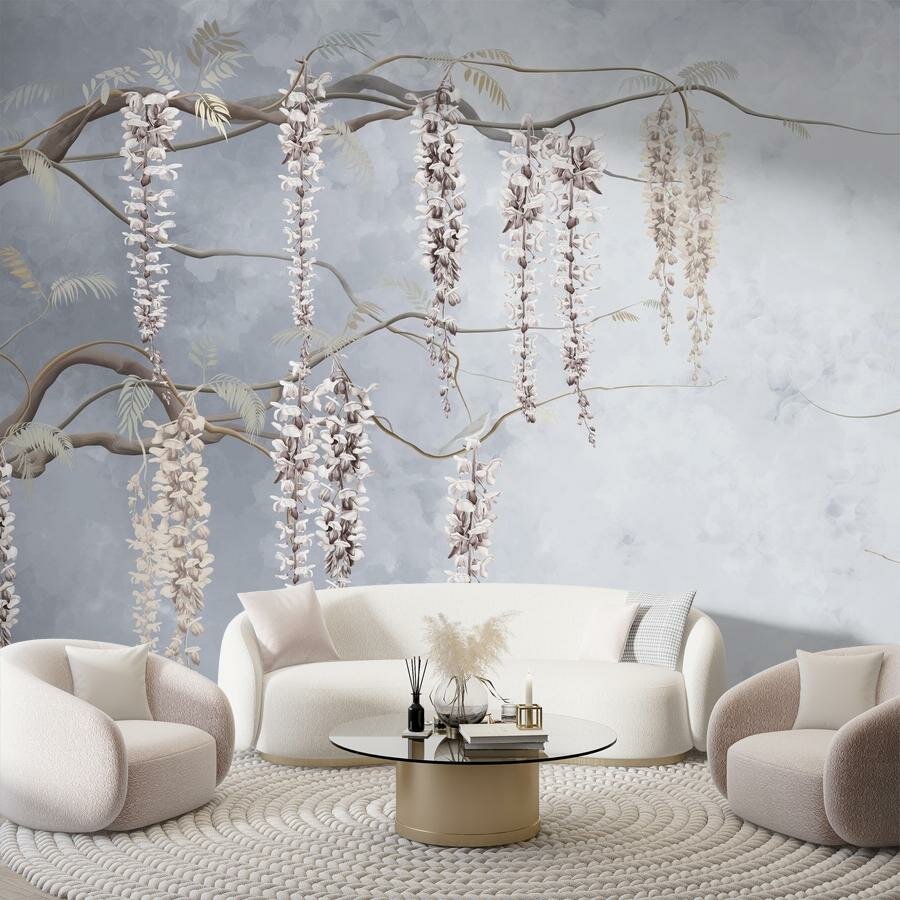 Фотообои Глициния на сером фоне 13-1121-M-Холст 270 x 300 см (ВхШ) Бесшовные, флизелиновые, влагостойкие обои