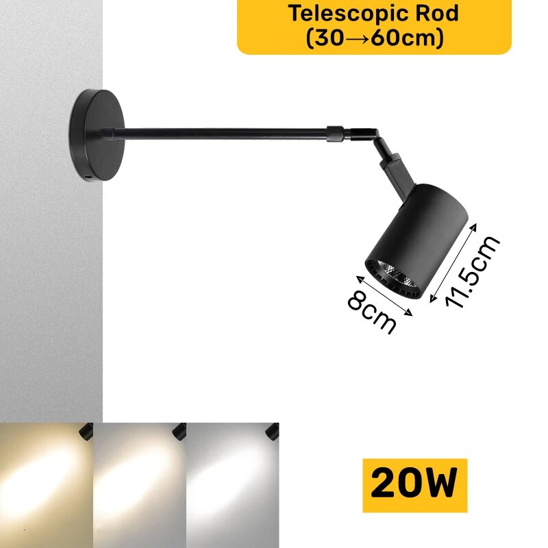 Телескопический настенный светильник khelse черный Black Shell, Nature White 4000K, 20W 30-60cm