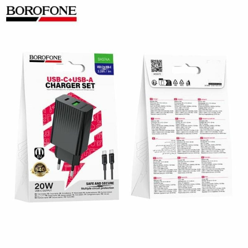СЗУ-USB-USB-C (Type-C)-Type-C BOROFONE BAS74A *1м, PD20W+QC3.0 18W, Black 6941991122798