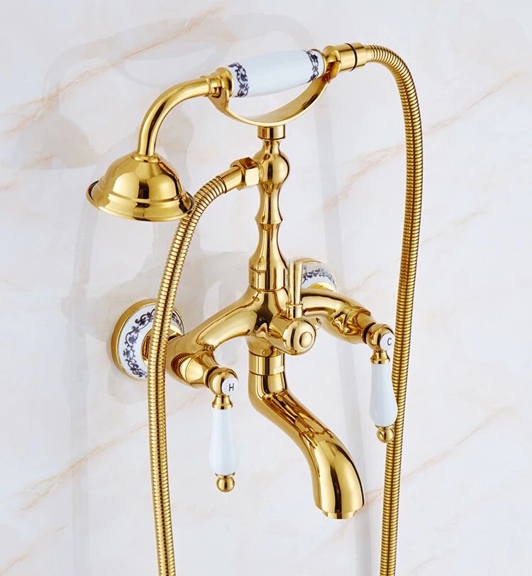 Европейский роскошный золотой смеситель для душа в ванной, медный смеситель для ванны, душевая установка, настенная, 2 ручки, душа-2