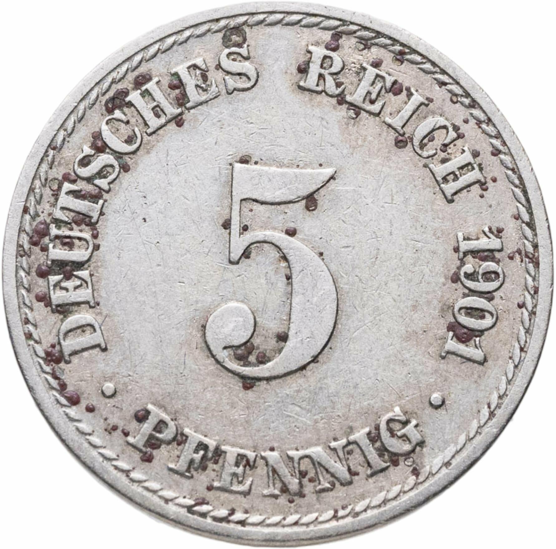Германия 5 пфеннигов pfennig 1901 A знак монетного двора: "A" - Берлин, Мельхиор медь-никель, в сохранности VF