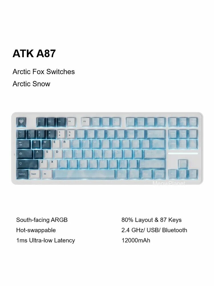 ATK Клавиатура беспроводная A87 Pro, Arctic Snow, Arctic Fox Switches, Английская раскладка, белый, голубой