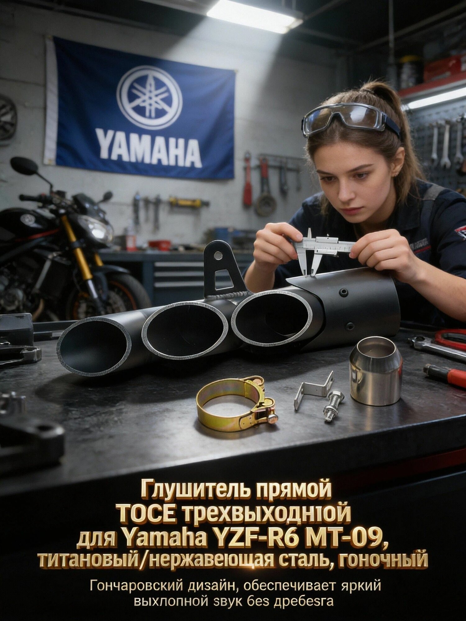 Глушитель прямоточный TOCE трёхвыходной для Yamaha YZF-R6 и MT-09 — гоночный дизайн, титановая/нержавеющая сталь