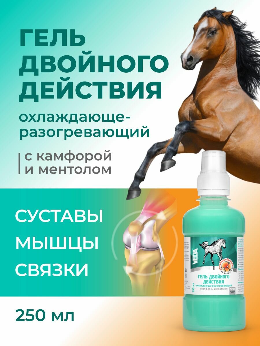 Гель двойного действия охлаждающе-разогревающий с камфорой и ментолом для мышц, связок, суставов ЗооVIP, VEDA, 250 мл