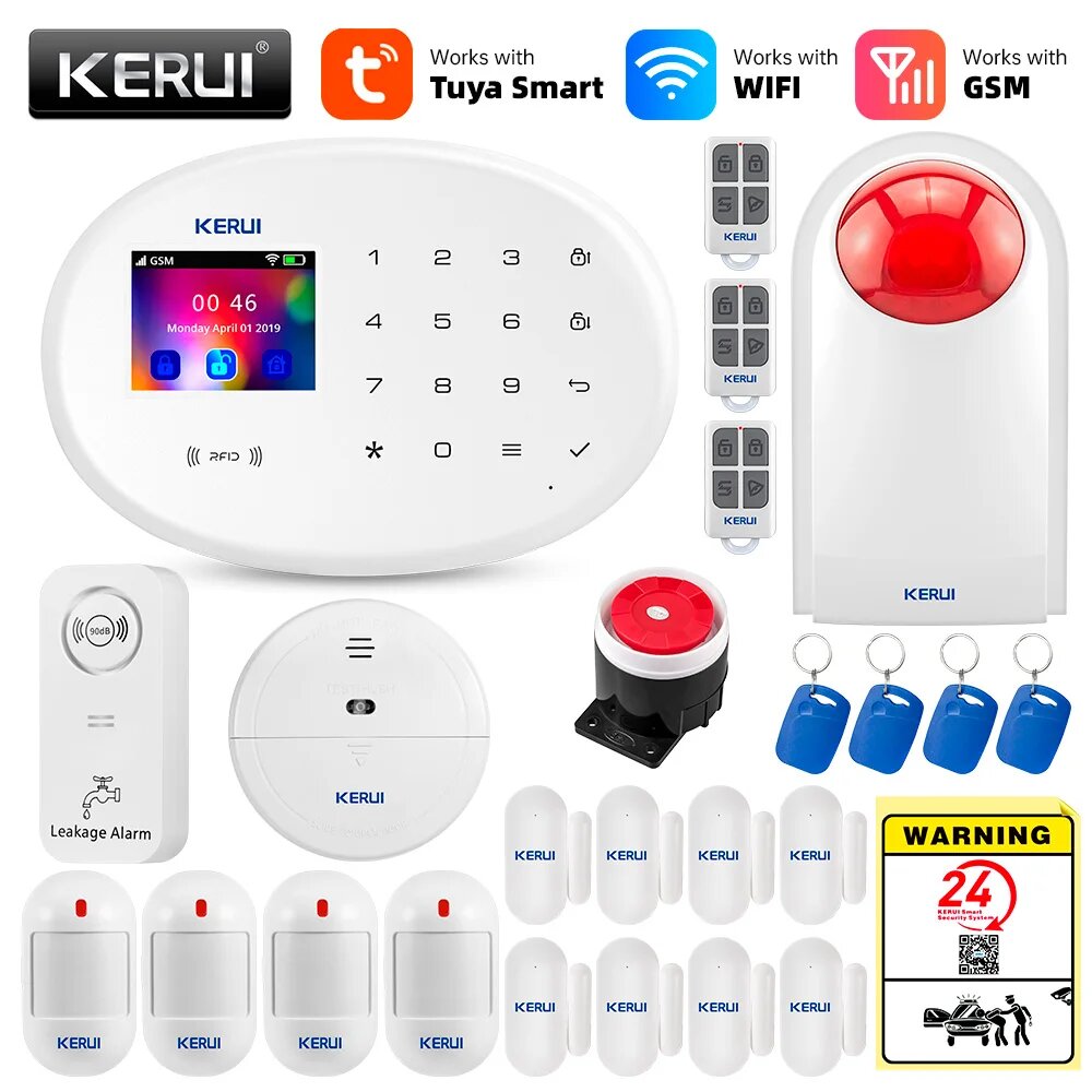 Система охранной сигнализации KERUI Tuya Smart WIFI GSM, совместимая с Alexa, беспроводная охранная система 433Mhz, датчик вскрытия дверей и окон - W202 KIT12 Alarm