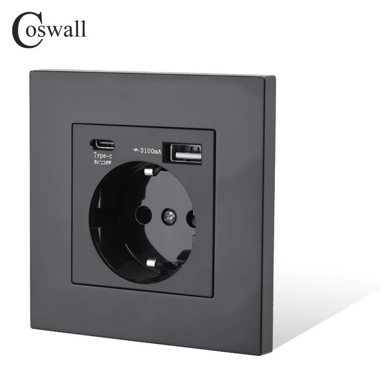 Coswall Розетка с USB Type-C и USB, черная