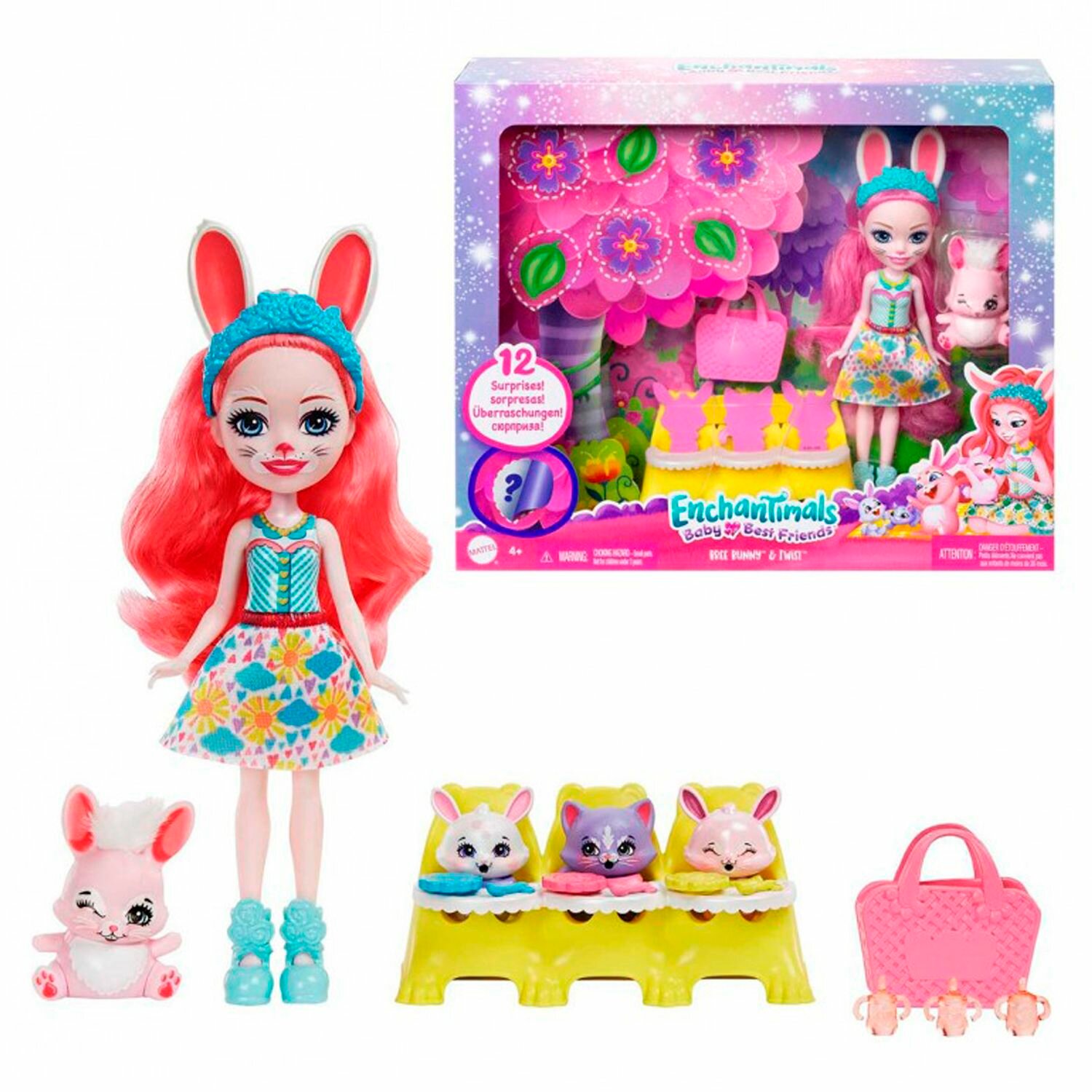 Игровой набор Mattel - Бри Банни и Твист - лучшие друзья малышей, в наборе: 1 кукла с аксессуарами, тройной стульчик для кормления и 4 фигурки животных, серия Enchantimals, возраст 4+, HLK85