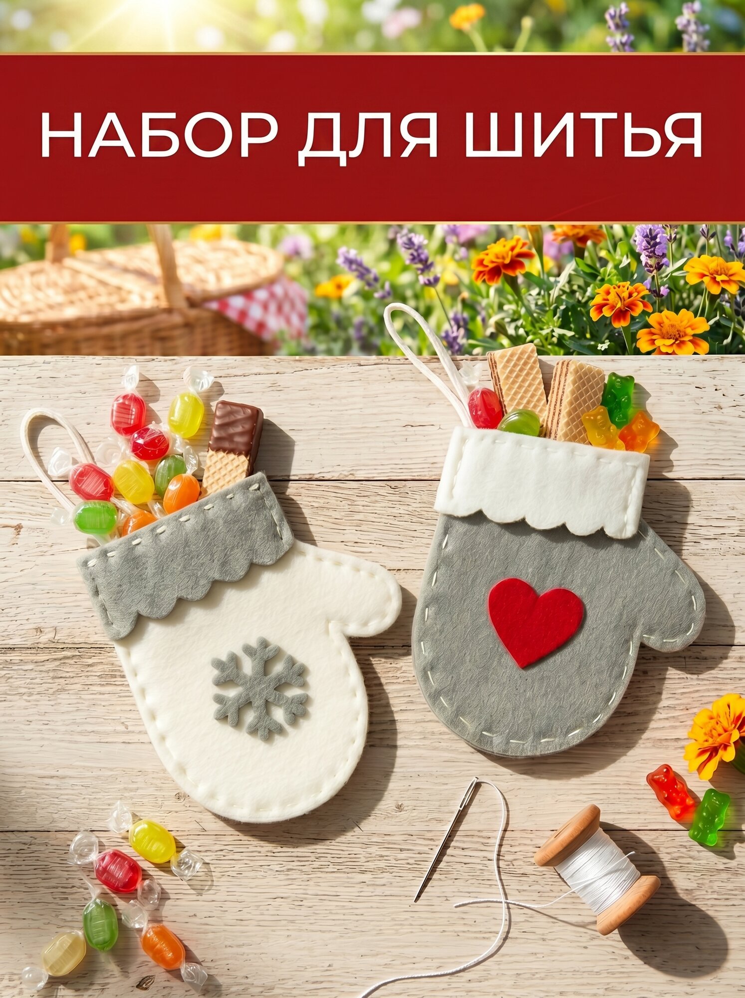 Набор для шитья игрушки из фетра HappyLine"Варежки", поделки в садик своими руками от 5+, праздничный декор для дома