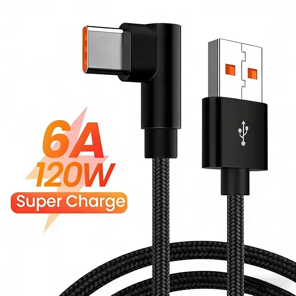 Кабель для быстрой зарядки Type-C под углом 90 градусов для iPhone 15 16 17 Pro, Xiaomi 1 м, Black