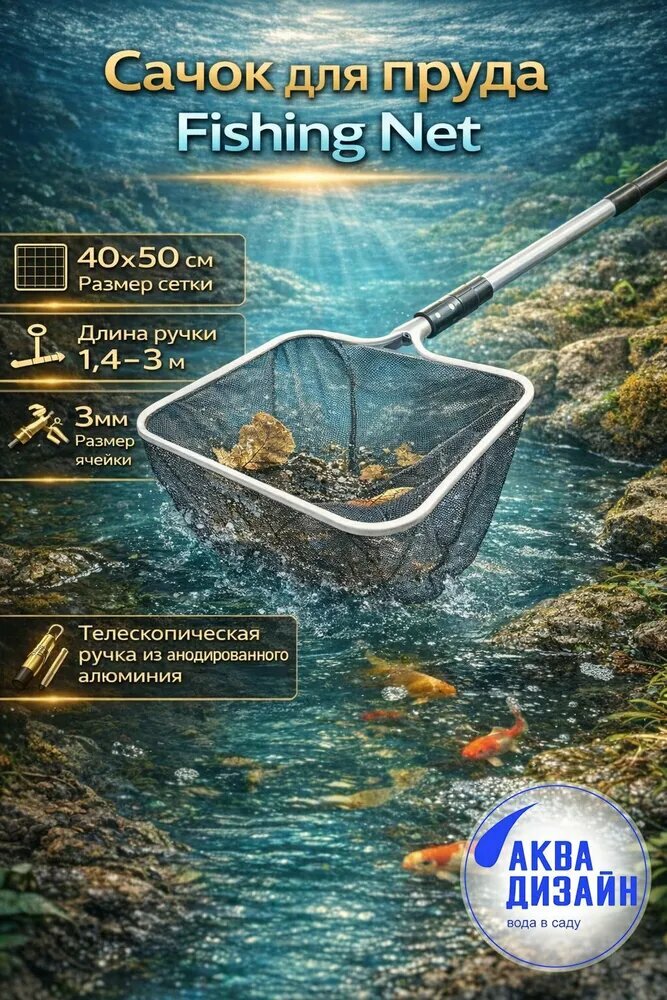 Сачок для пруда Fishing Net, 40х50см с телескопической рукояткой 1,4-2,5м, ячейка 3мм