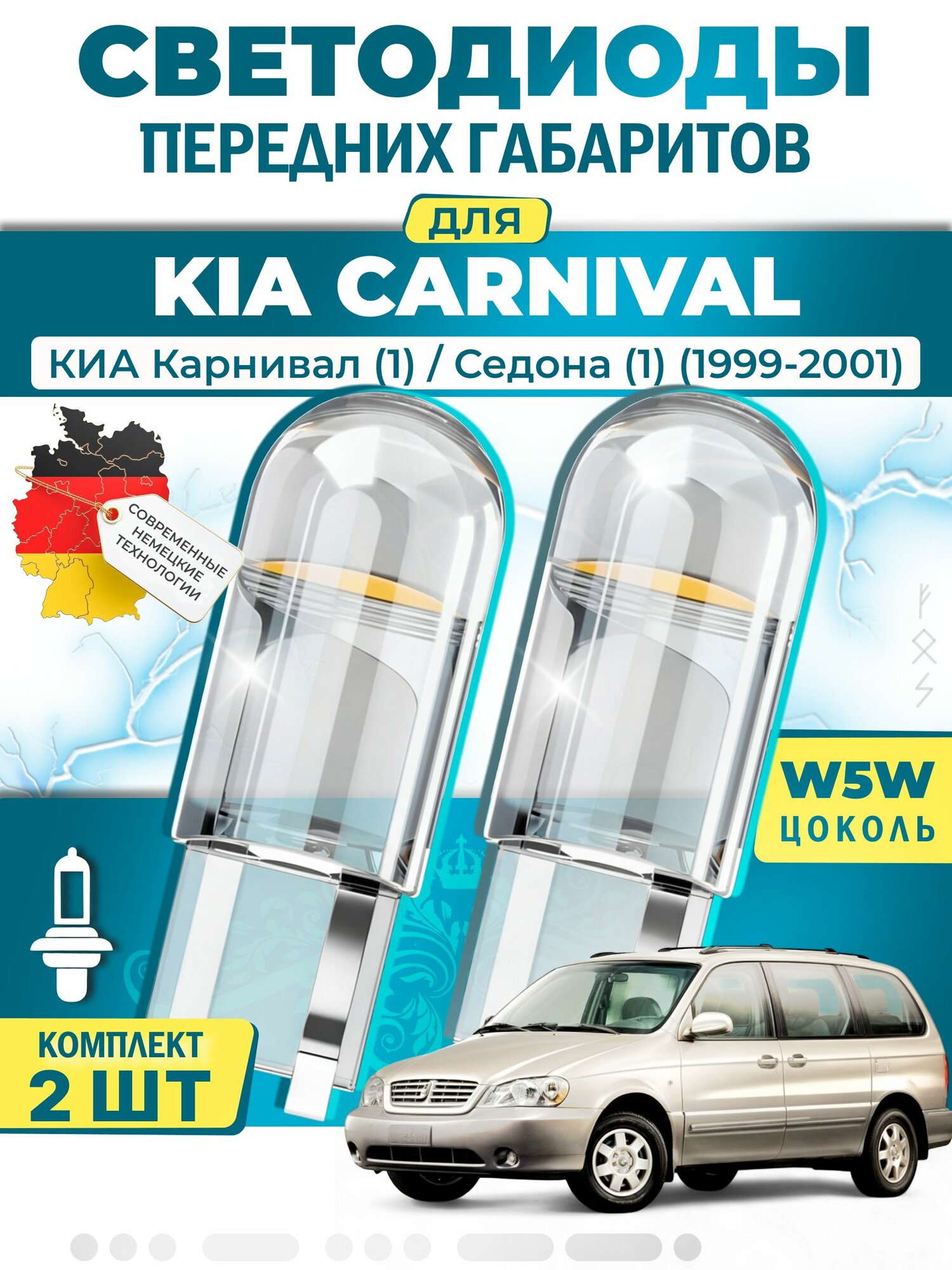 Лампы светодиодные габаритные для KIA CARNIVAL I SEDONA I / КИА Карнивал (1) / Седона (1) (1999-2001), W5W ( LED - белый свет 5000k ) (комплект 2шт)