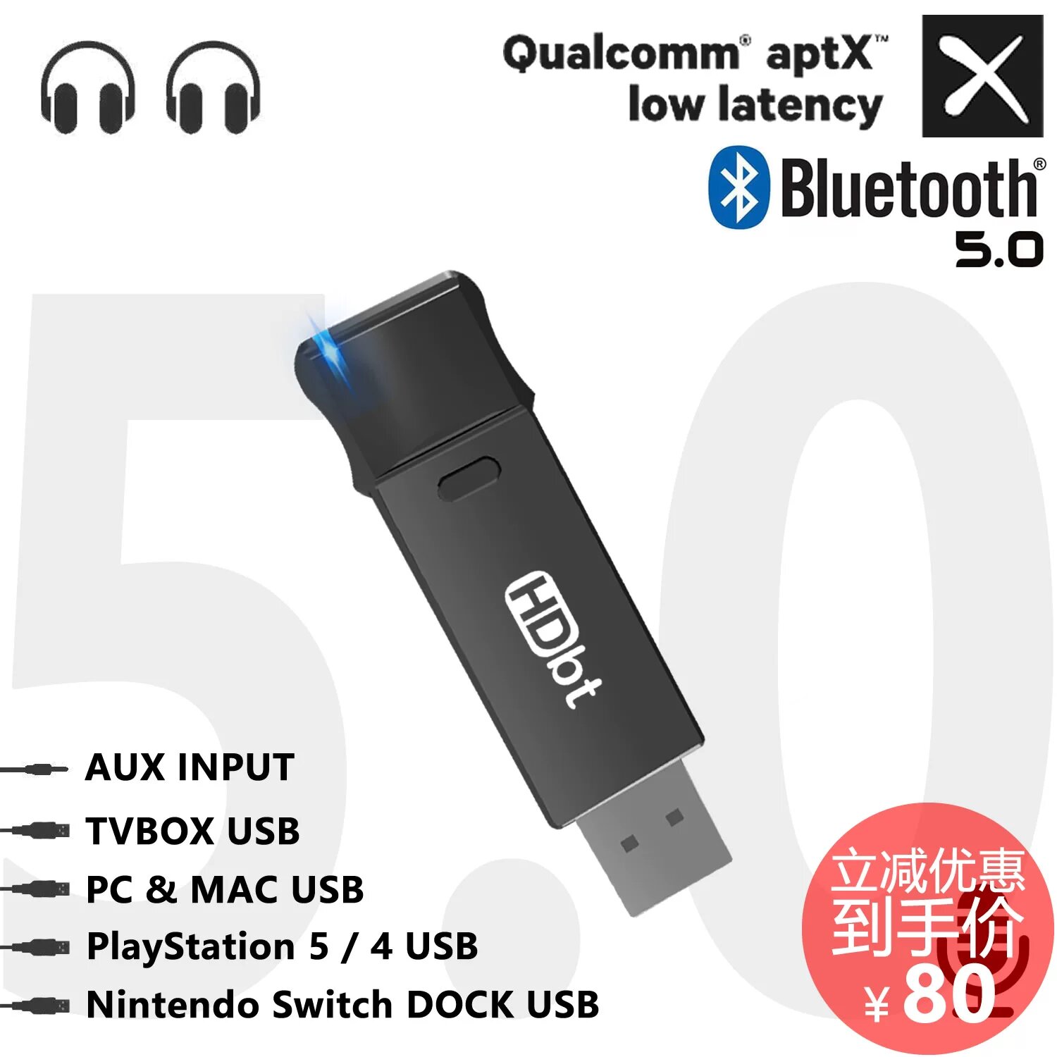 Bluetooth 5.0 передатчик с Adaptive APTX LL низкой задержкой для компактного аудио потока