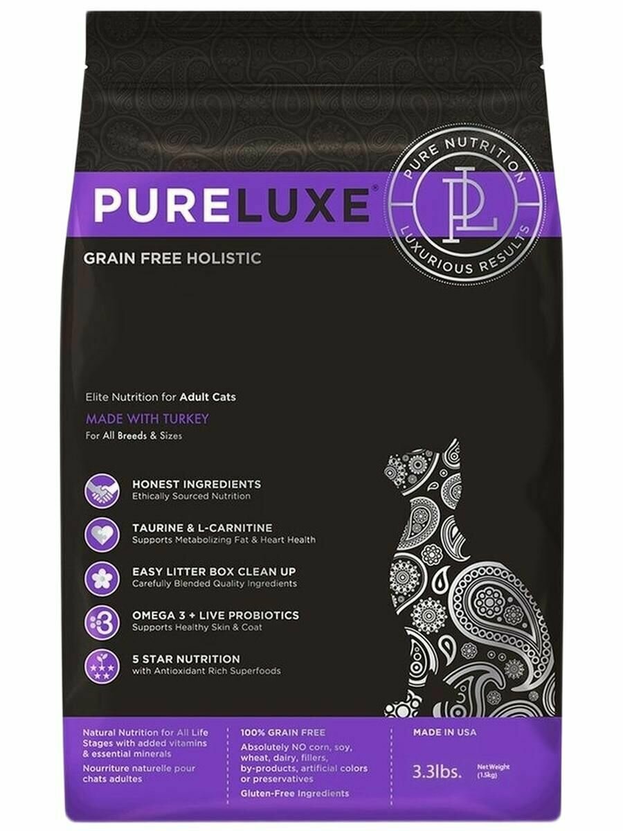 Сухой беззерновой корм PureLuxe Пурлюкс для взрослых кошек с индейкой 1,5 кг