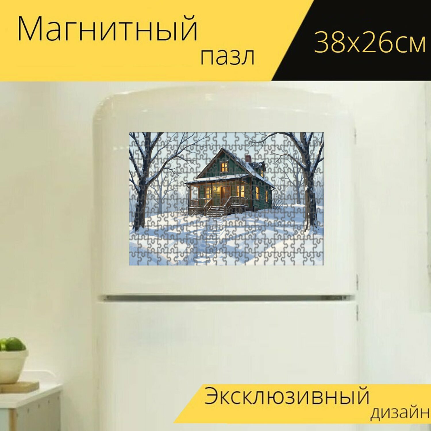 Магнитный пазл "Зимний дом в лесу. Уютное деревянное жилище среди заснеженных деревьев, мягкий свет из окон, голубовато-белая палитра и спокойная зимняя." для интерьера, 38х26 см.