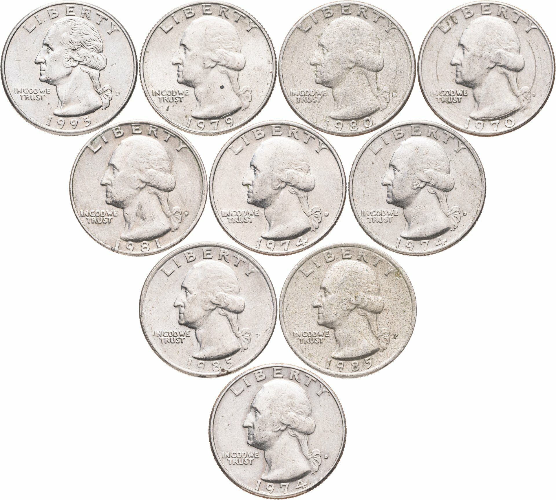 США набор из 10 монет 25 центов квотер, 1/4 доллара, quarter dollar 1970-1995, Медь, в сохранности XF-AU