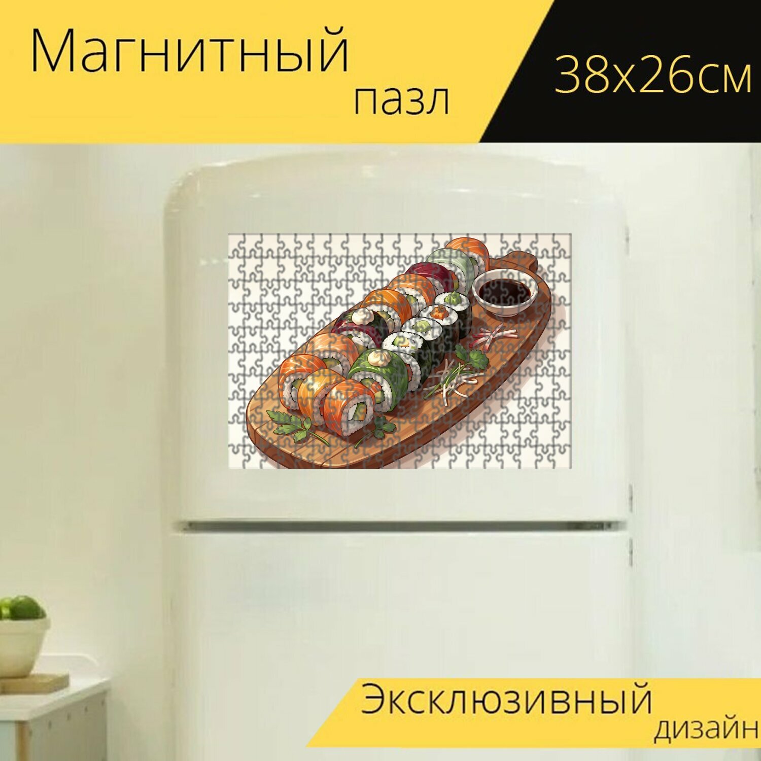 Магнитный пазл "Суши с роллами на доске. Яркая иллюстрация японской кухни: ассорти роллов и нигири на деревянной подставке, соевый соус, зелень и васаби." для интерьера, 38х26 см.