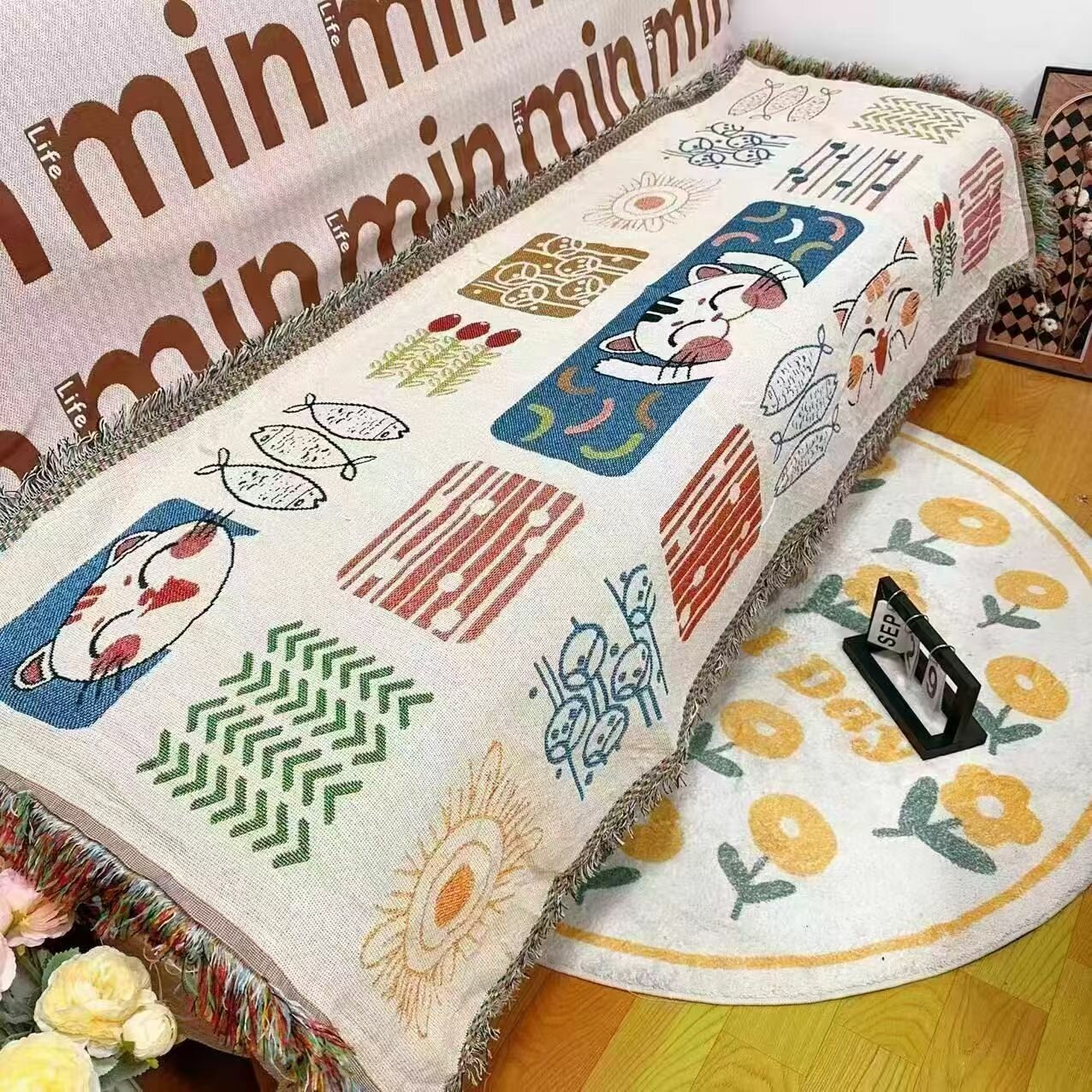 Плед двусторонний, новогодний , Хлопок, Лён, 180 см х 90 см