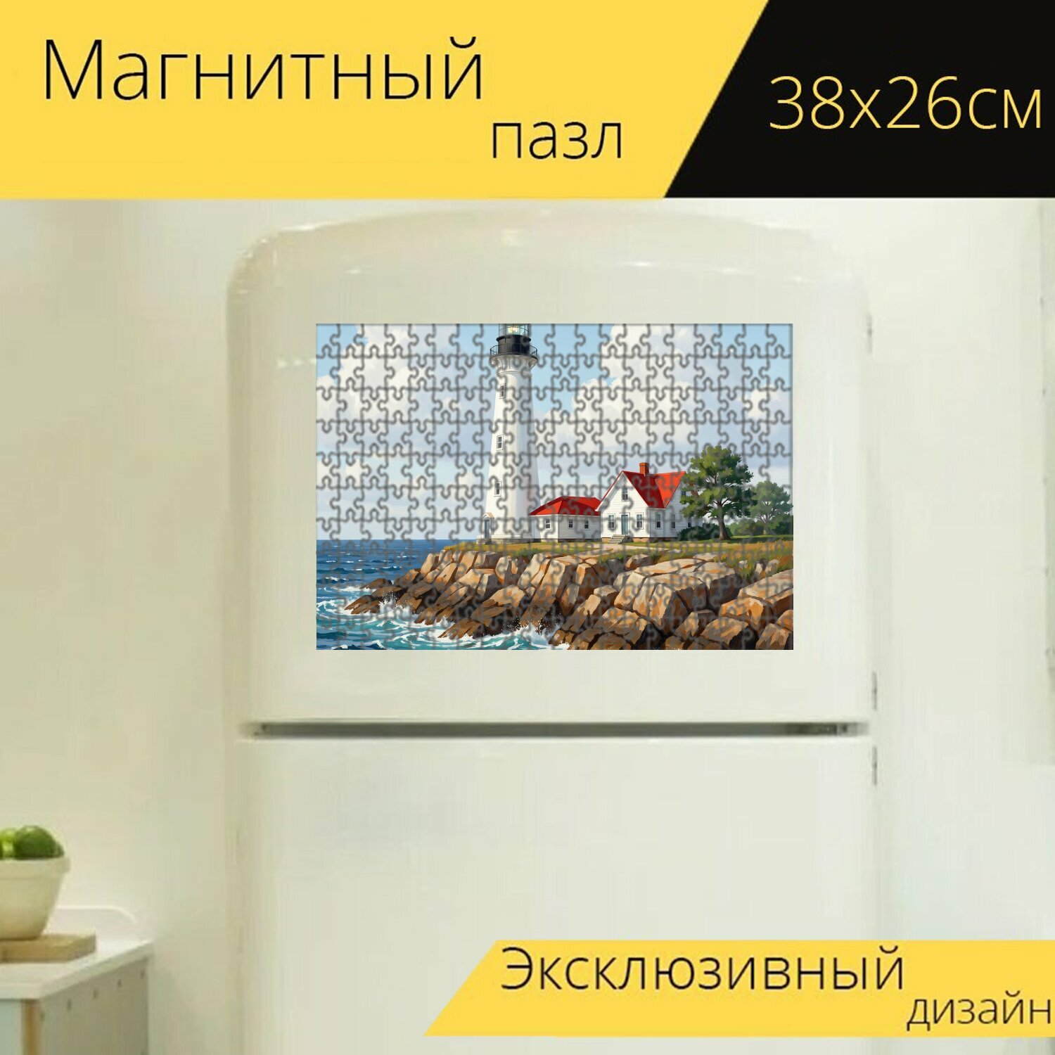 Магнитный пазл "Маяк на скалистом берегу. Прибрежная сцена в живописной манере: высокий белый ориентир у моря, красные крыши домиков, каменные утесы." для интерьера, 38х26 см.