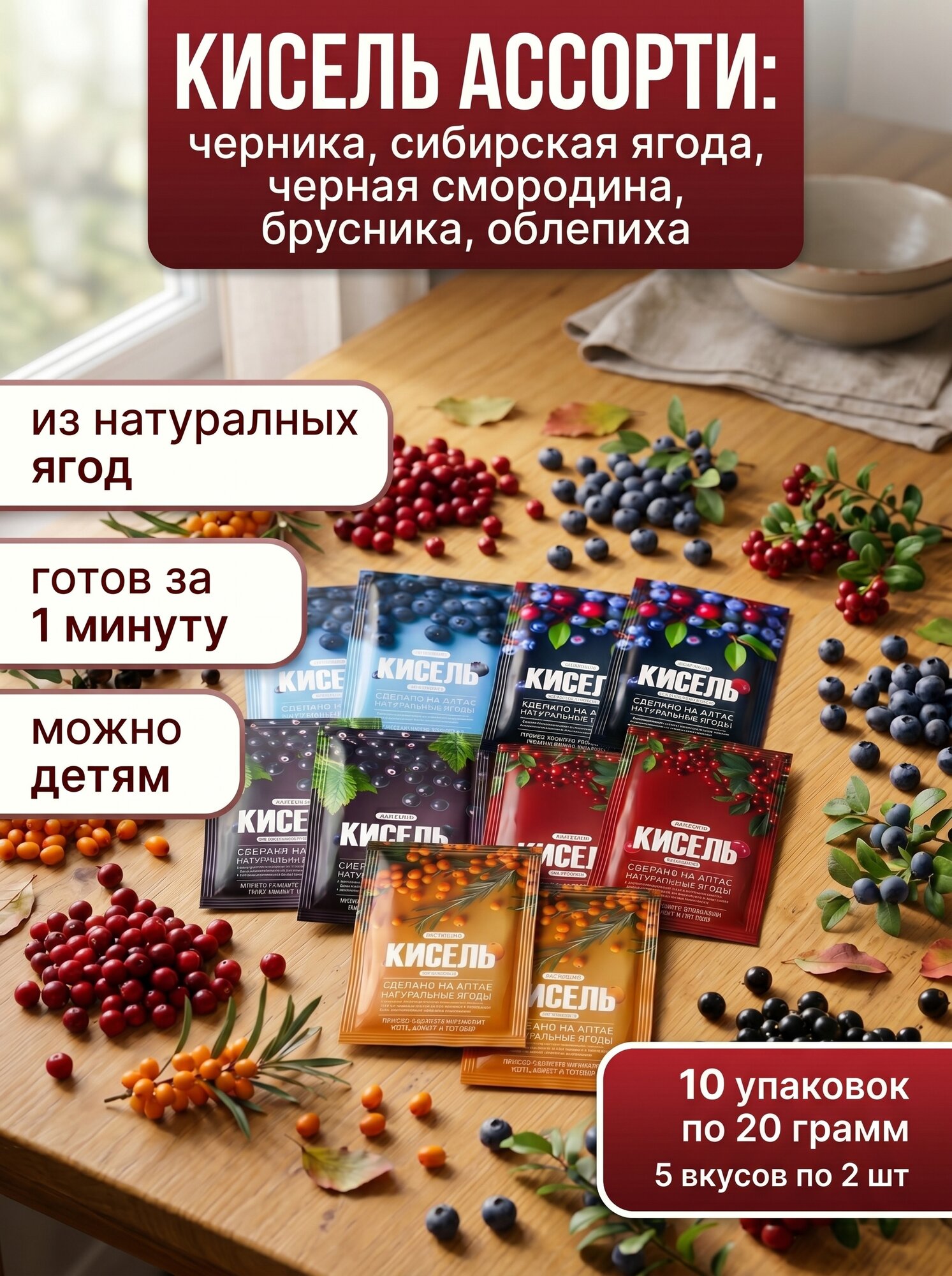 Кисель ассорти черника, брусника, клюква, черная смородина, облепиха быстрого приготовления с витамина в пакетиках саше