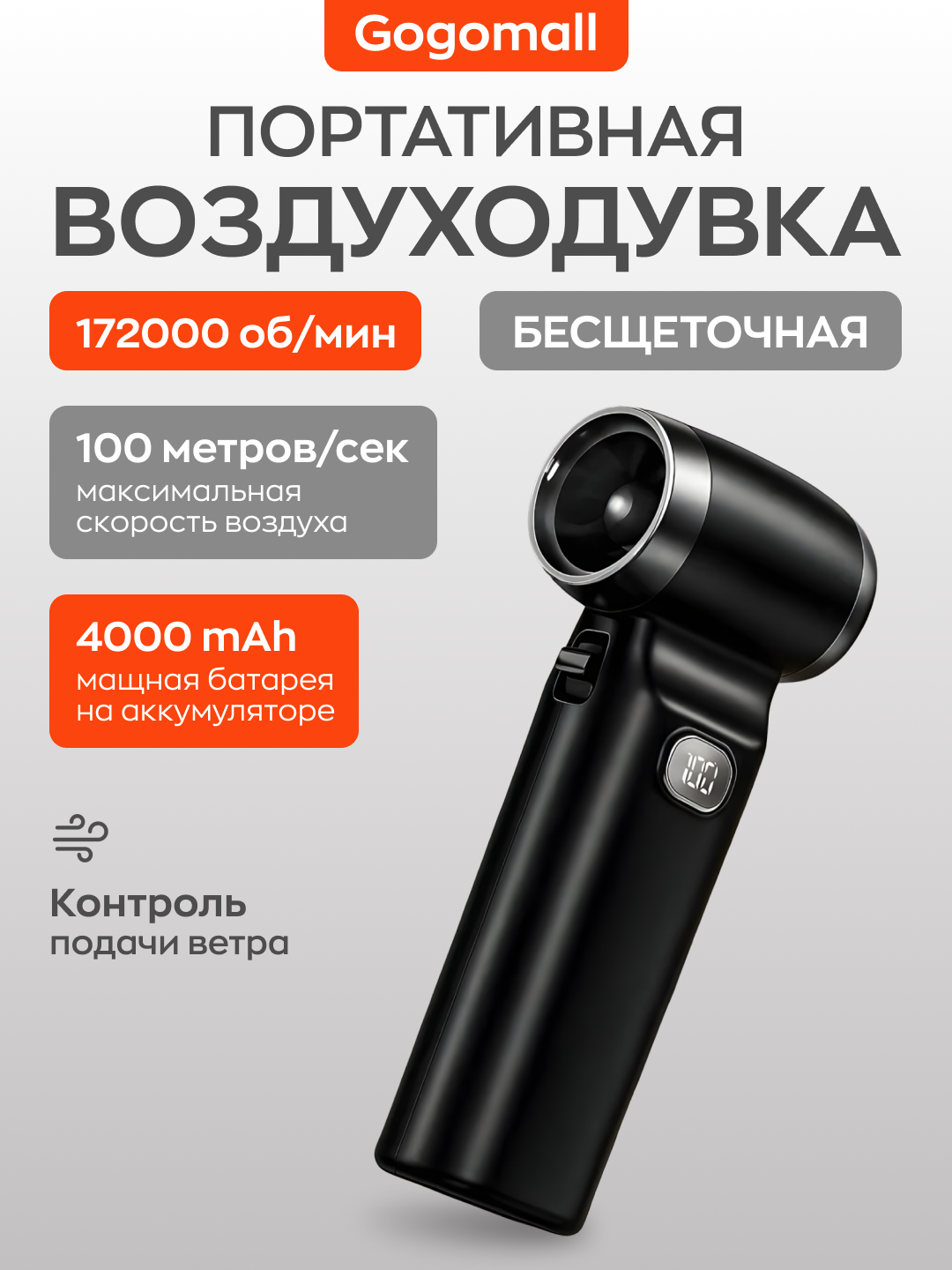 Воздуходувка HAND HELD FAN аккумуляторная, максимальная скорость 100км/ч, мощность 200Вт, провод для зарядки в комплекте