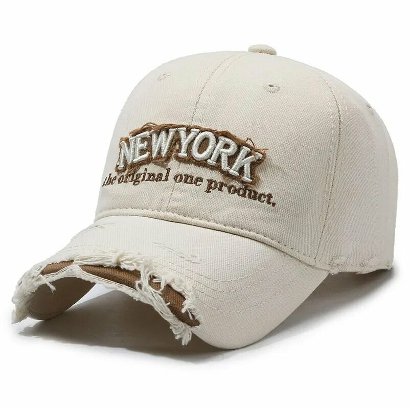 Бежевая бейсболка с вышивкой «NEW YORK» и необработанным козырьком, в стиле гранж