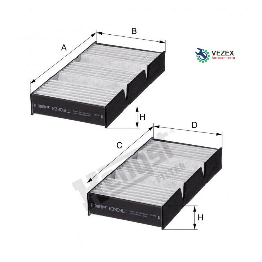 HENGST FILTER E3909LC2 фильтр салона! угольный, комплект 2шт.\ MB W166 ML 3.5i 11> 2шт