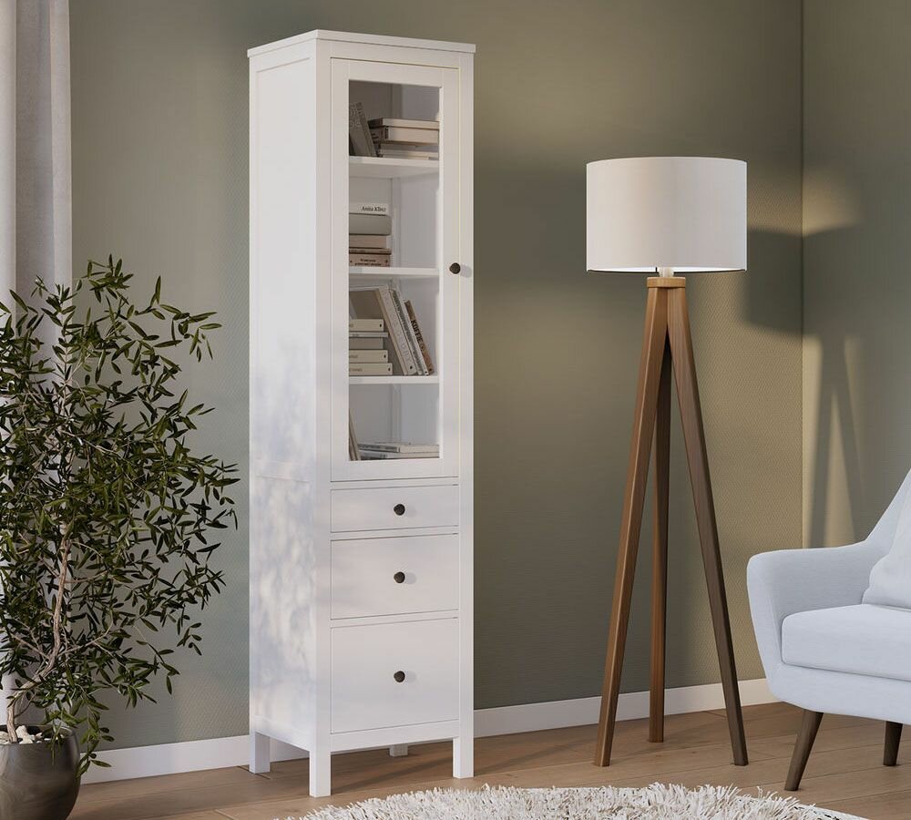 Шкаф-витрина 3 ящика узкий HEMNES Кымор, массив сосны, цвет белый, (икеа)