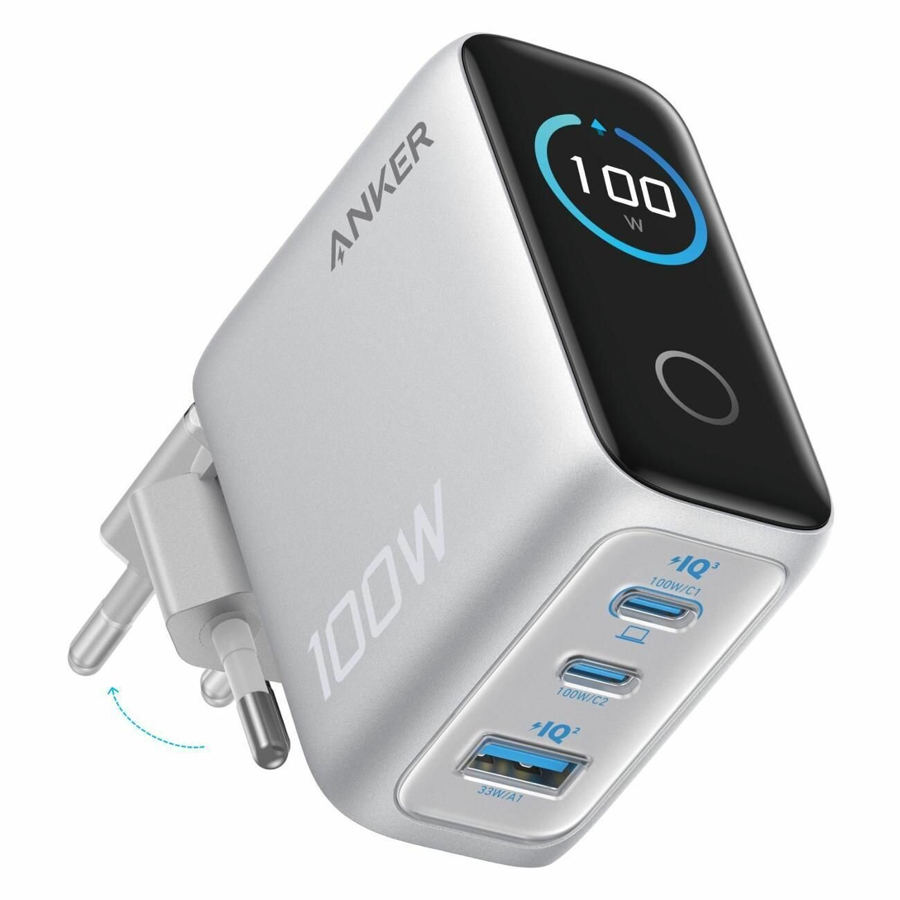 Сетевое зарядное устройство Anker 100W 2C1A LCD + USB Cable серебристое