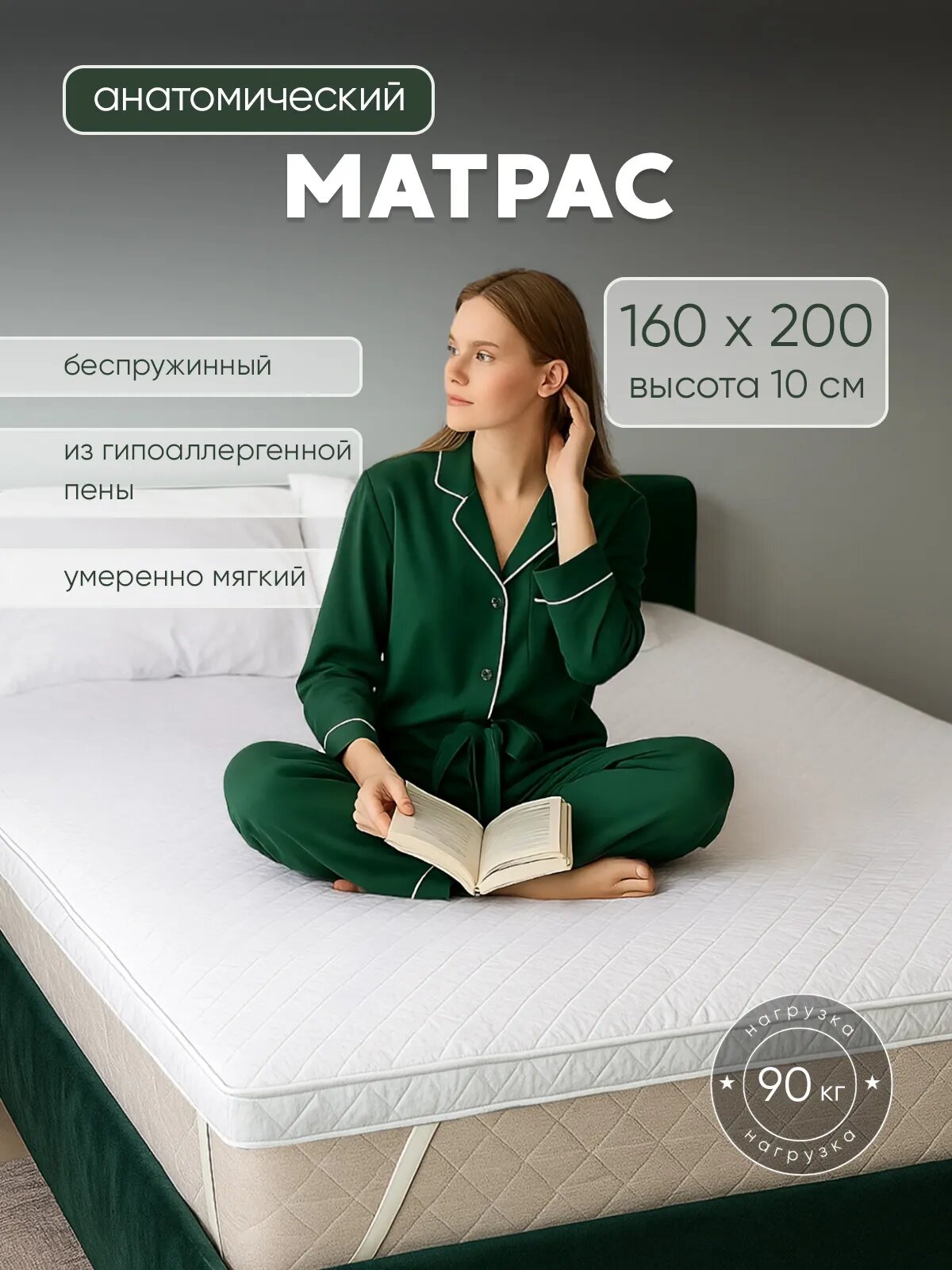 Мягкий беспружинный топпер наматрасник из пенополиуретана 160х200 см толщиной 10см, съемный чехол из стеганного жаккарда