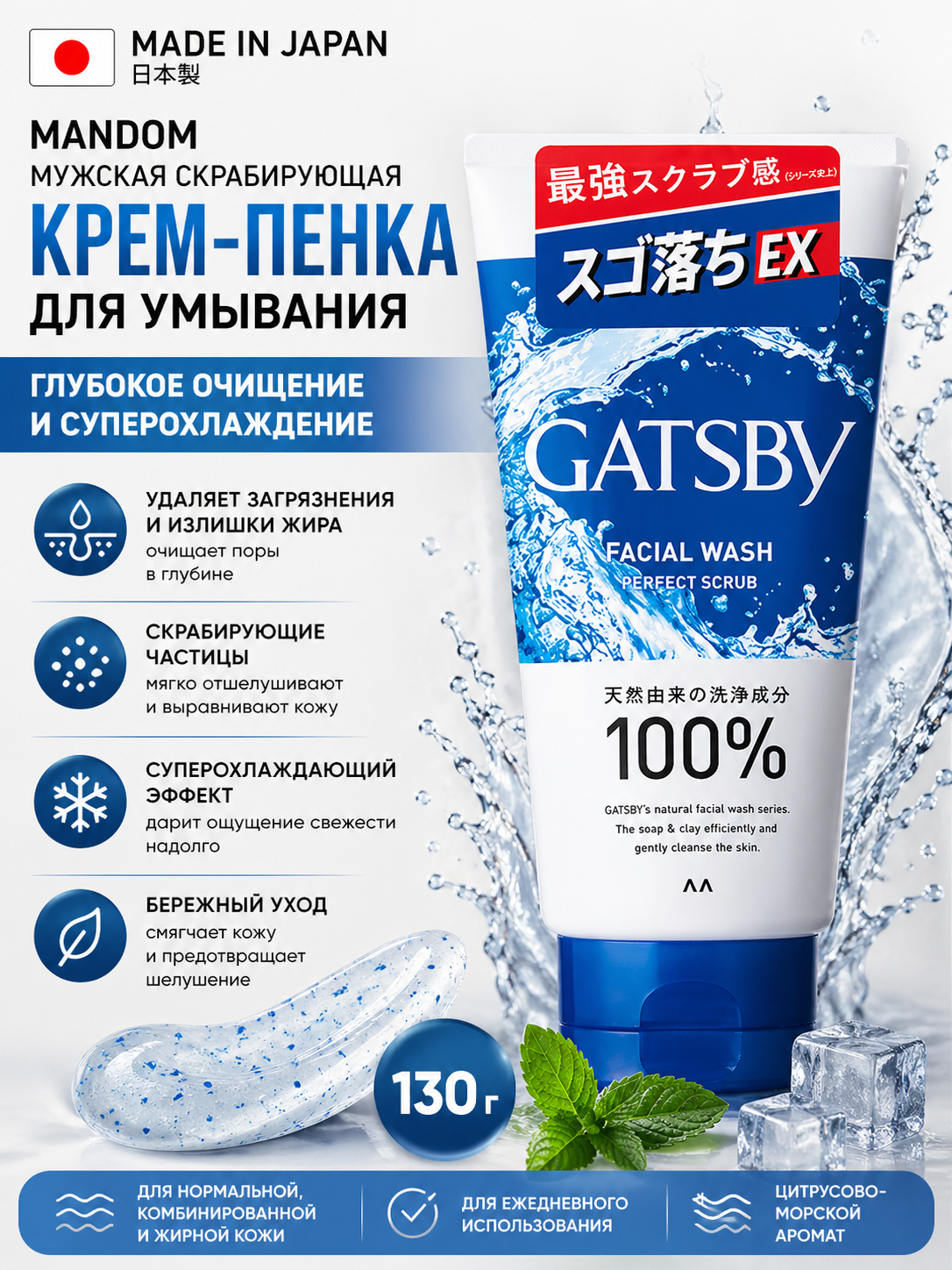 Пенка для умывания лица мужская скрабирующая Gatsby с освежающим эффектом 130 г