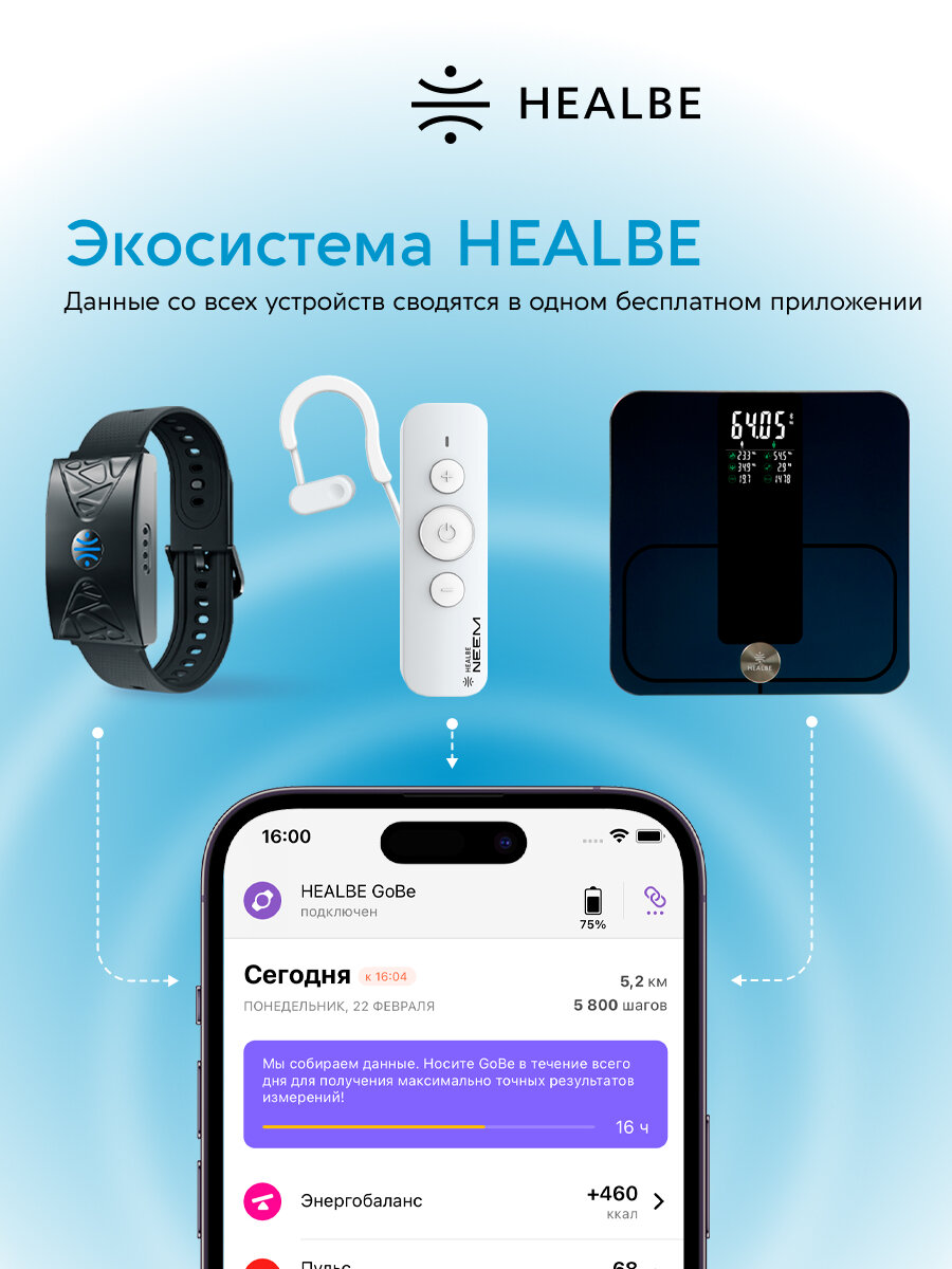 Комплект HEALBE Optimum Control 2: фитнес браслет HEALBE GoBe U черный + массажер HEALBE NEEM серый + весы HEALBE Scale черные