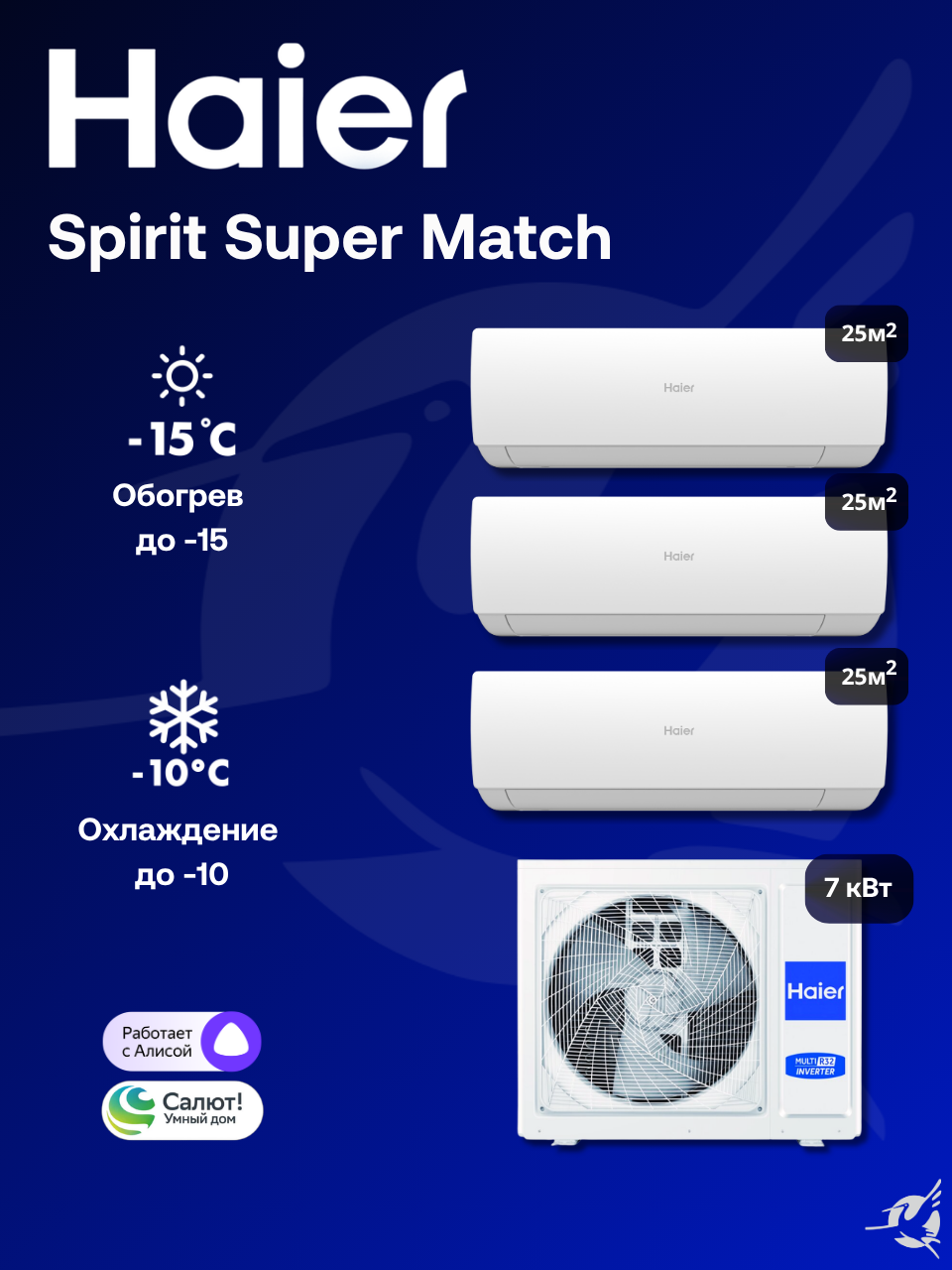 Мультисплит-система Haier Spirit Super Match 3 X AS25SS1HRA-M / 3U70S2SR5FA на 3 комнаты 25+25+25 м²