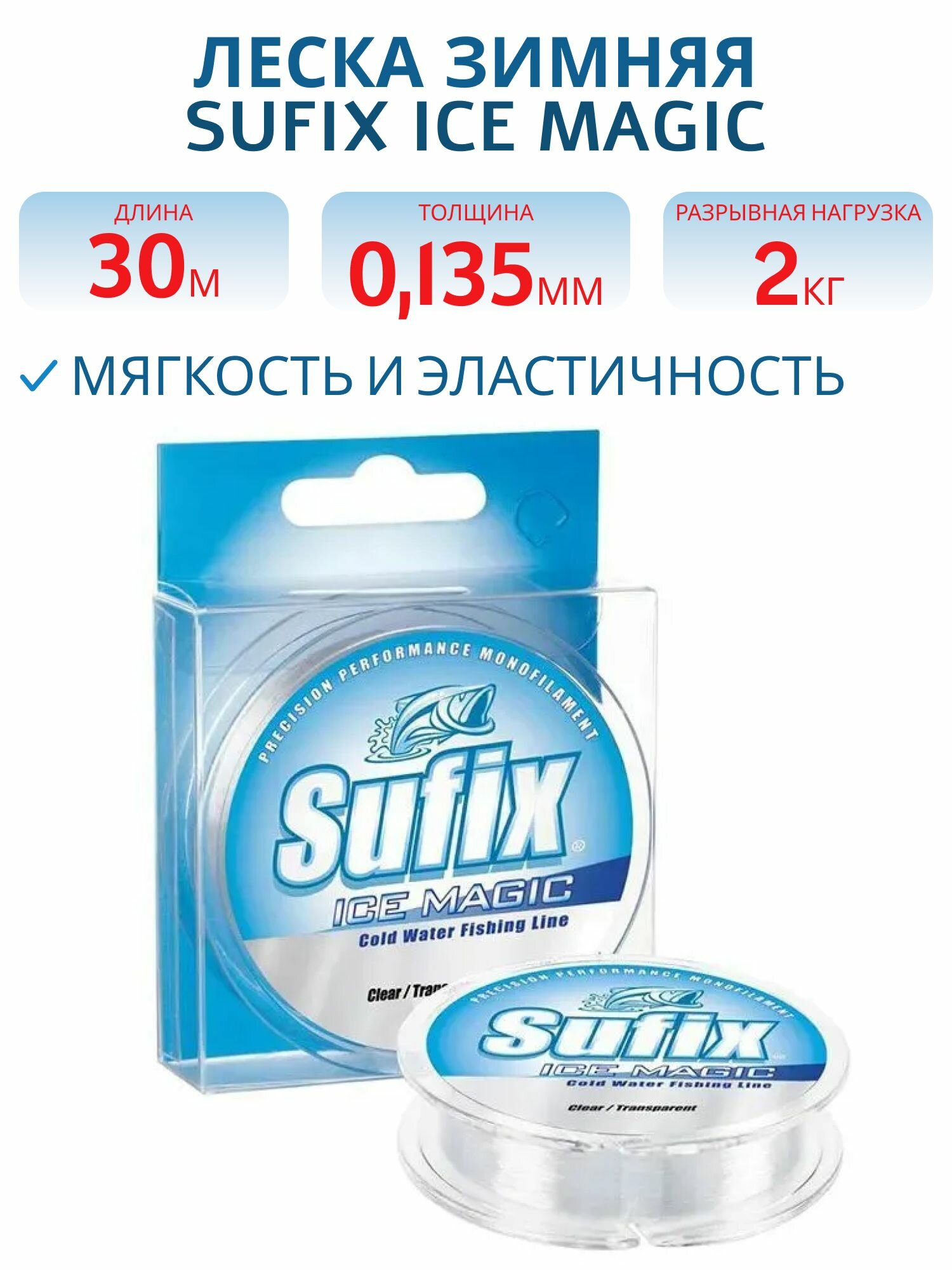 Леска зимняя Sufix Ice Magic прозрачная x12 30 м 0.135 мм 2 кг