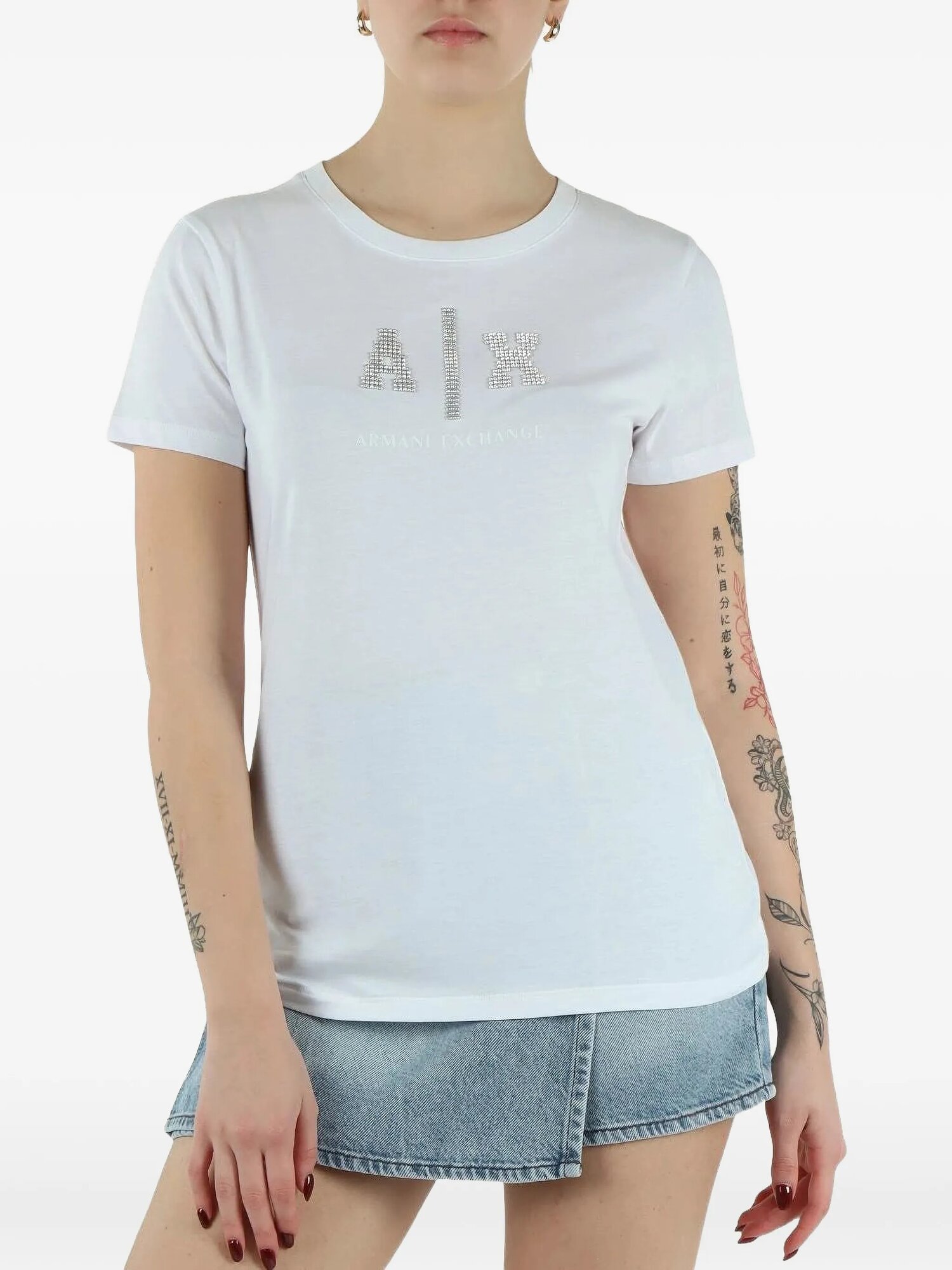 Футболка Armani Exchange Rhinestone-logo T-shirt, размер 42, бежевый/белый — фото 1