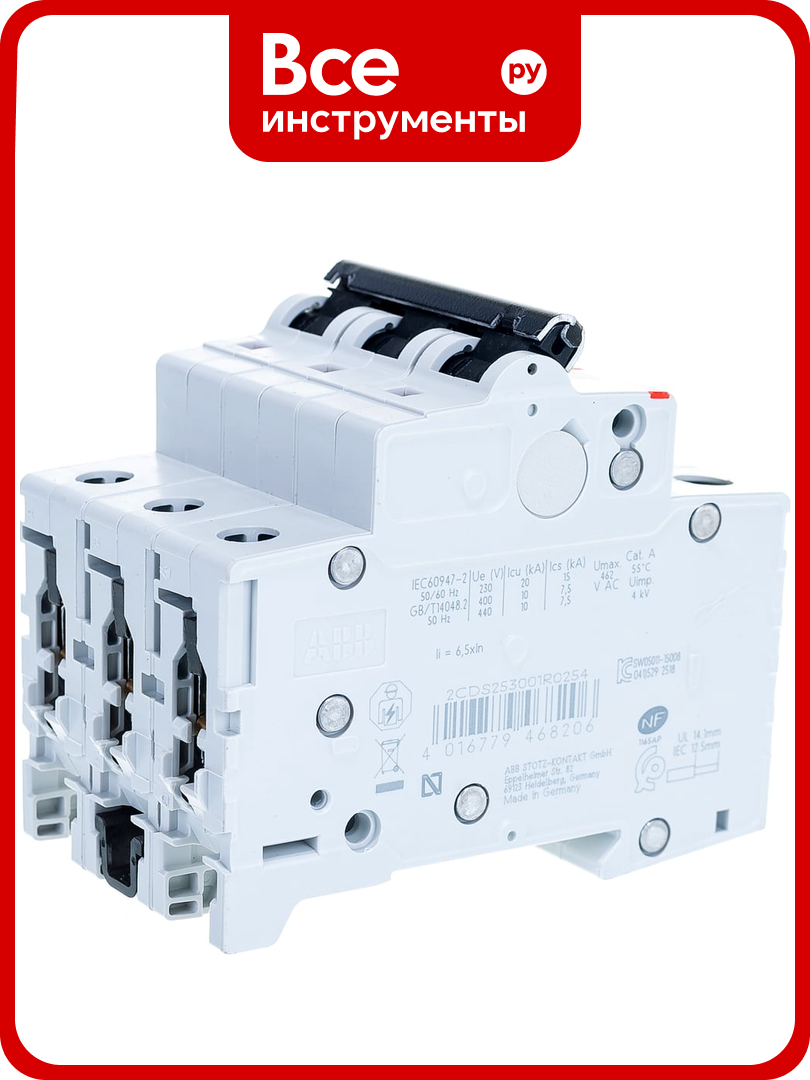 Автоматический модульный выключатель ABB 3п C S203 6кА 25А 2CDS253001R0254, тип C, установка на DIN‑рейку, серый корпус