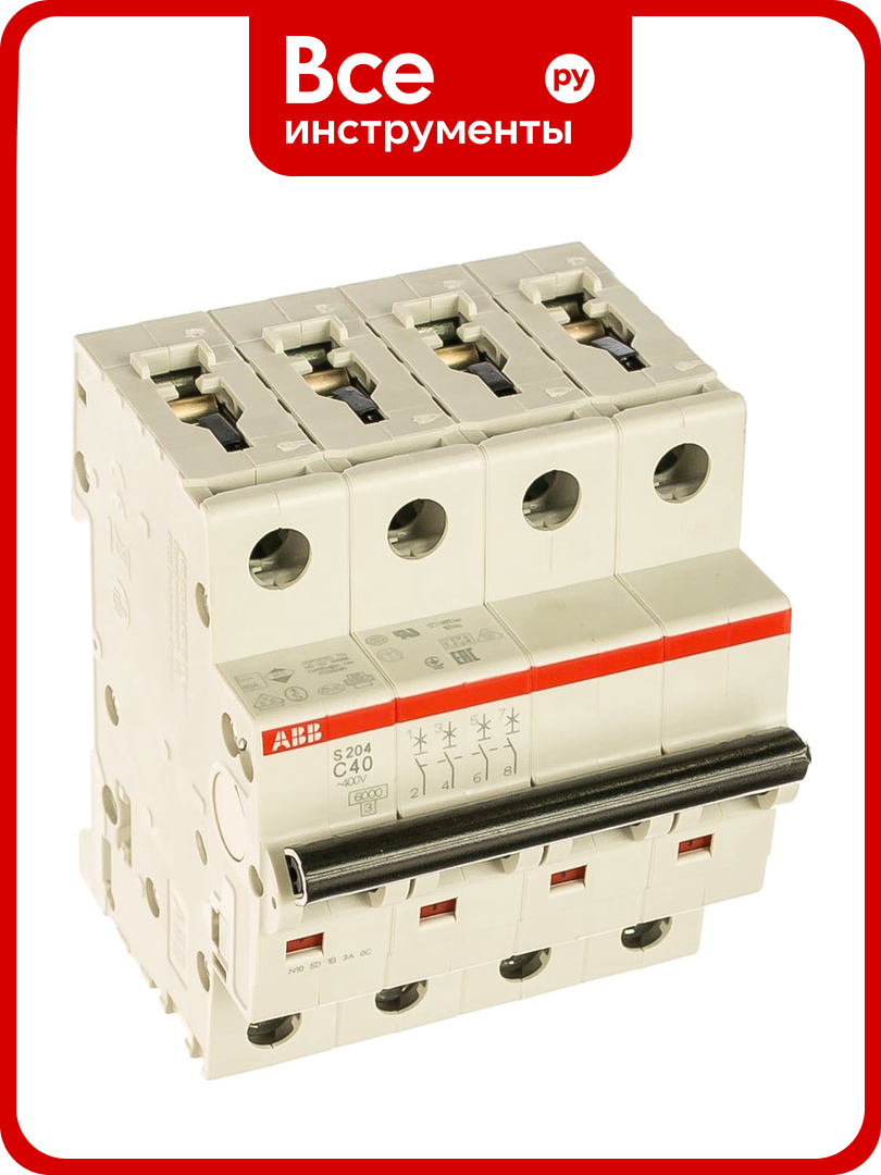 Автоматический выключатель ABB S204 4P 40А 6kA 2CDS254001R0404 модульный тип DIN‑рейка монтаж серый корпус