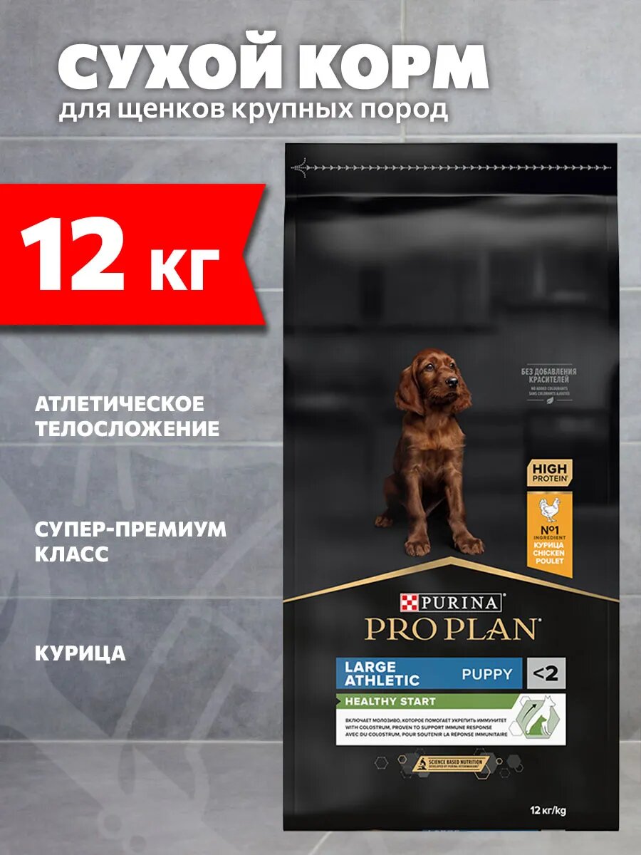 Корм сухой Pro Plan Healthy Start Puppy Large Athletic для щенков крупных пород с атлетическим телосложением, курица, 12 кг