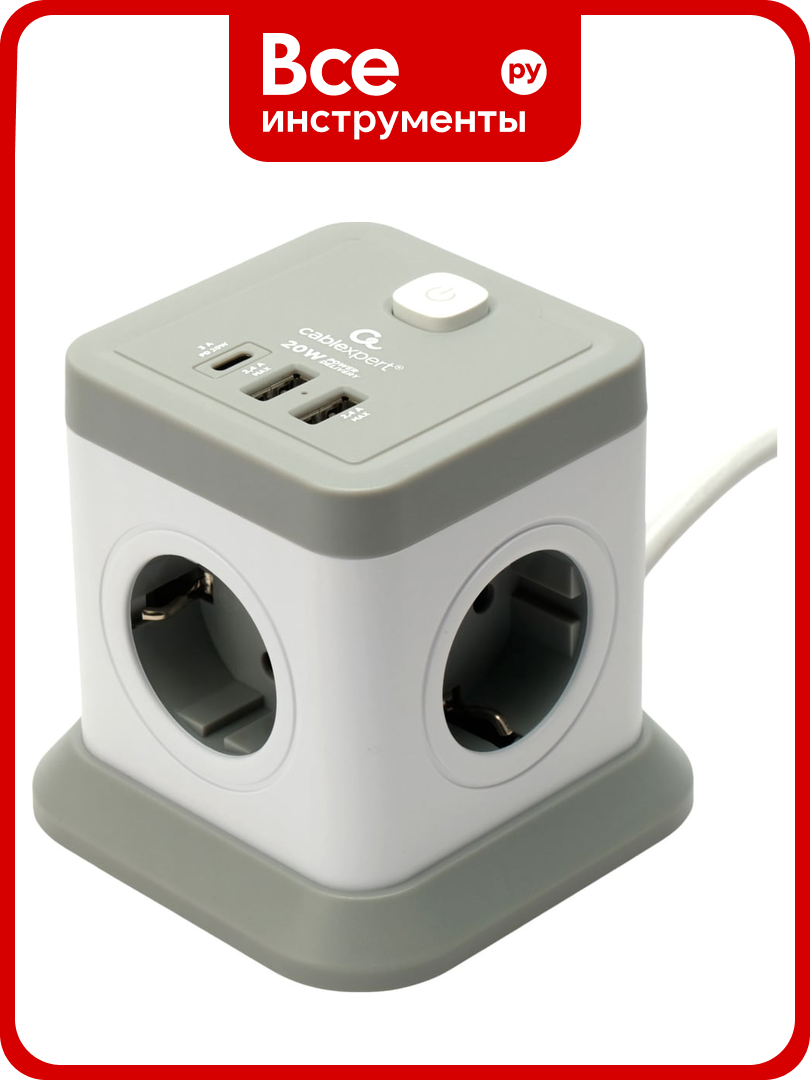 Сетевой фильтр Cablexpert Tower 4р, 10А, 1xType-C PD, 20Вт, 2хUSB, 2м, ур. защиты 2+, белый, кор,