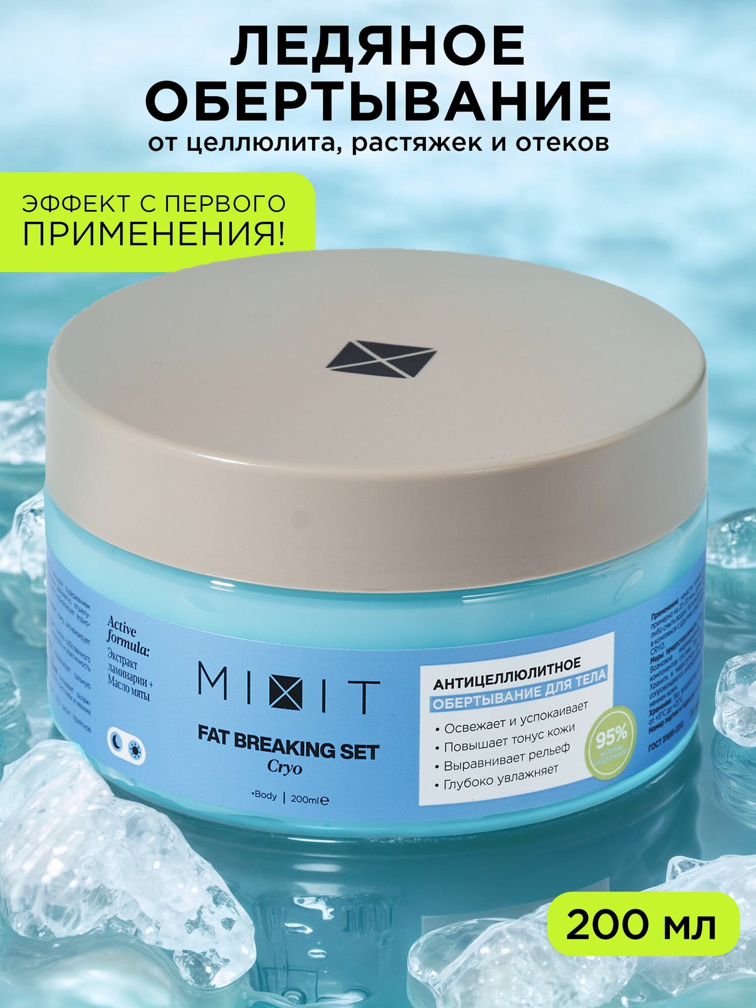 Холодное антицеллюлитное обертывание для похудения против растяжек и отеков с пантенолом и маслом мяты FAT BREAKING SET CRYO, 200 мл