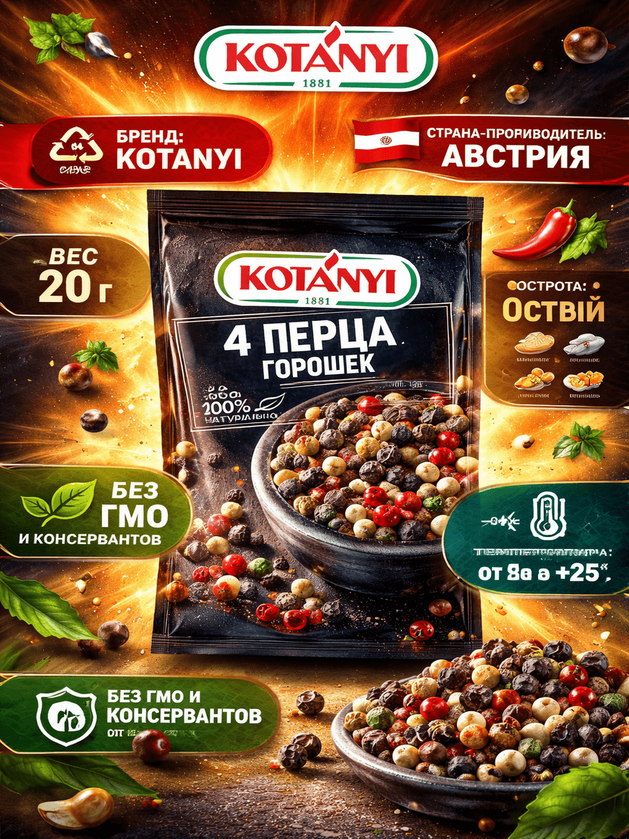 Приправа Kotanyi 4 перца горошек, 20г