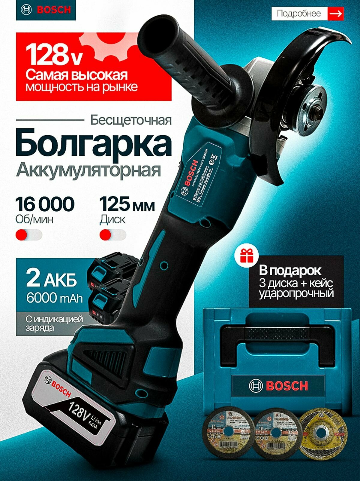 Болгарка аккумуляторная бесщеточная/ УШМ 125 мм / Угловая шлифмашина бесщеточная, в кейсе, 2 АКБ