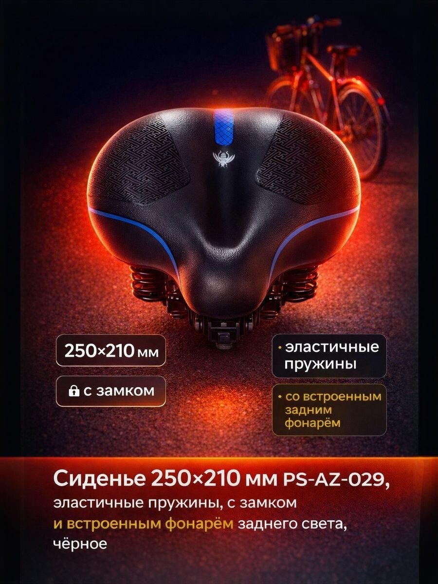 Седло велосипедное широкое 280х210 мм, PS-AZ-029, эластичные пружины, с замком, чёрное, (63)