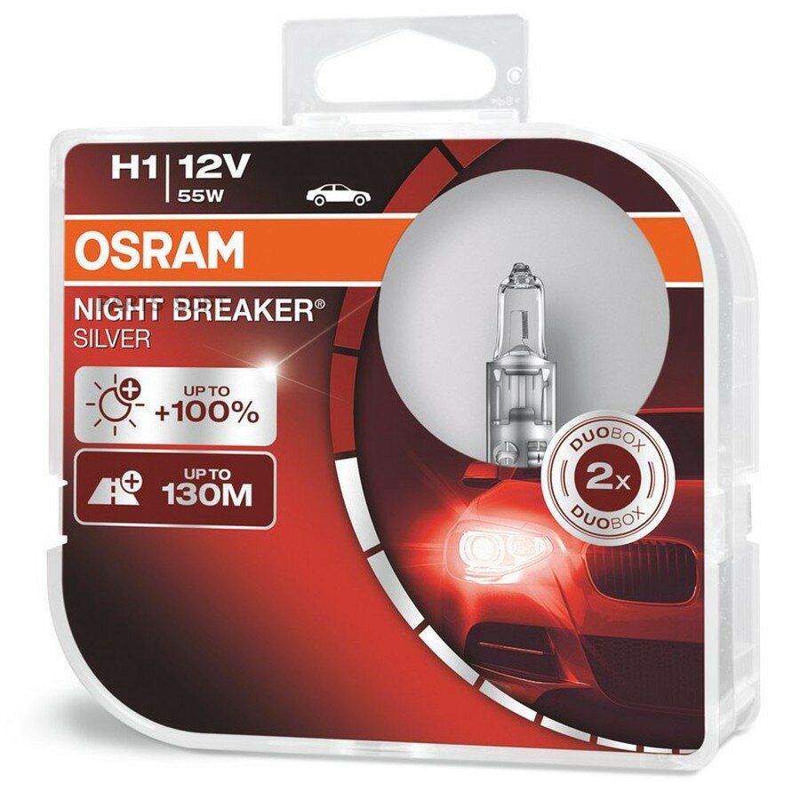 Лампа автомобильная H1 12V- 55W P14,5s Night Breaker Silver 2шт. DuoBox Osram от официального дистрибьютора, OSRAM, артикул 64150NBSHCB