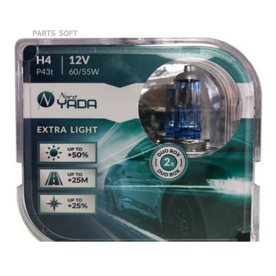 Лампа H4 12V 60/55W EXTRA LIGHT +50% P43t комплект от официального дистрибьютора, NORD YADA, артикул 907364