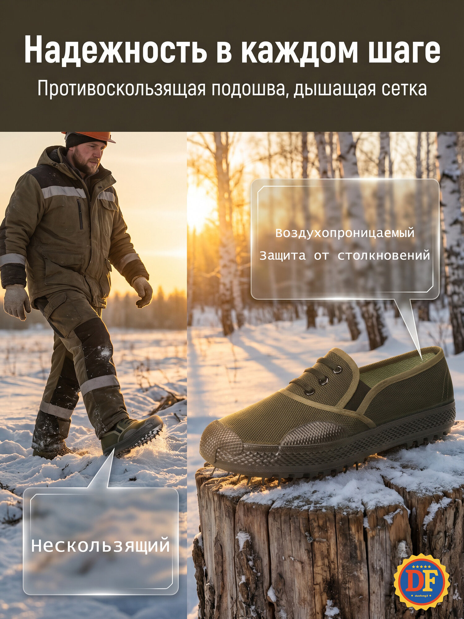 Рабочая обувь Slip-on, нескользящая, камуфляж, всесезон, сукно, резина，Серо-зеленый，Размер 40