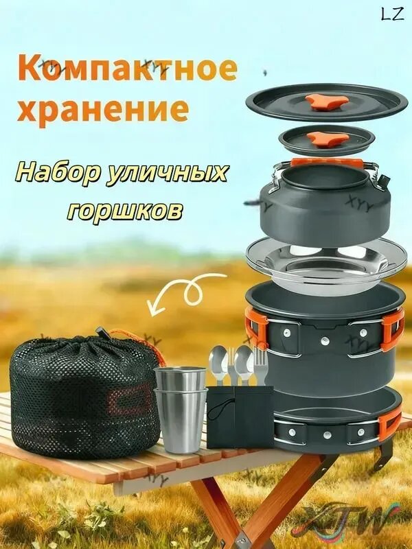 Набор походной посуды, используемый для кемпинга, пешего туризма, рыбалки, пикника, складной