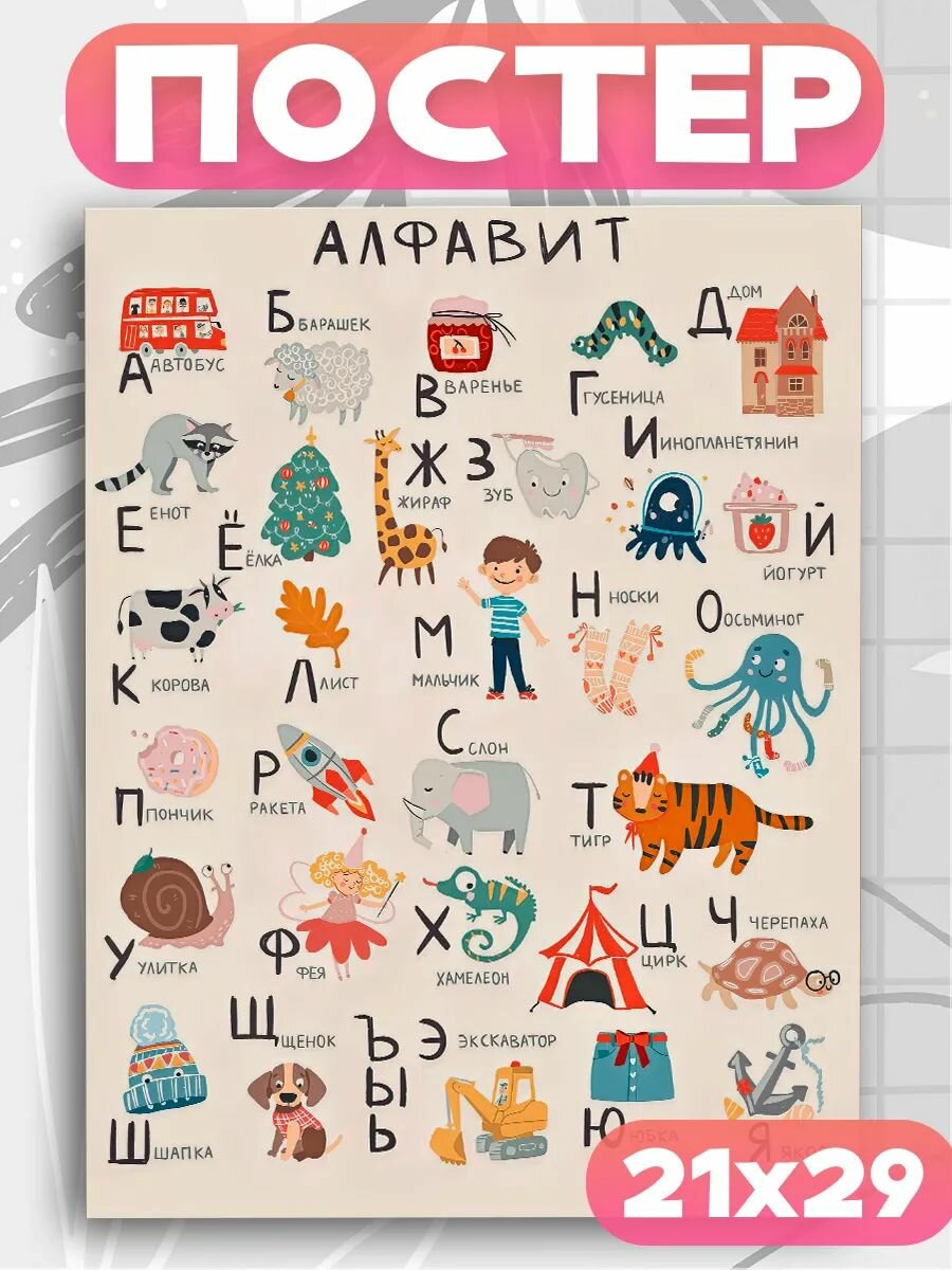 Постеры на стену в детскую комнату Алфавит, плакат 1шт, А4 размер.