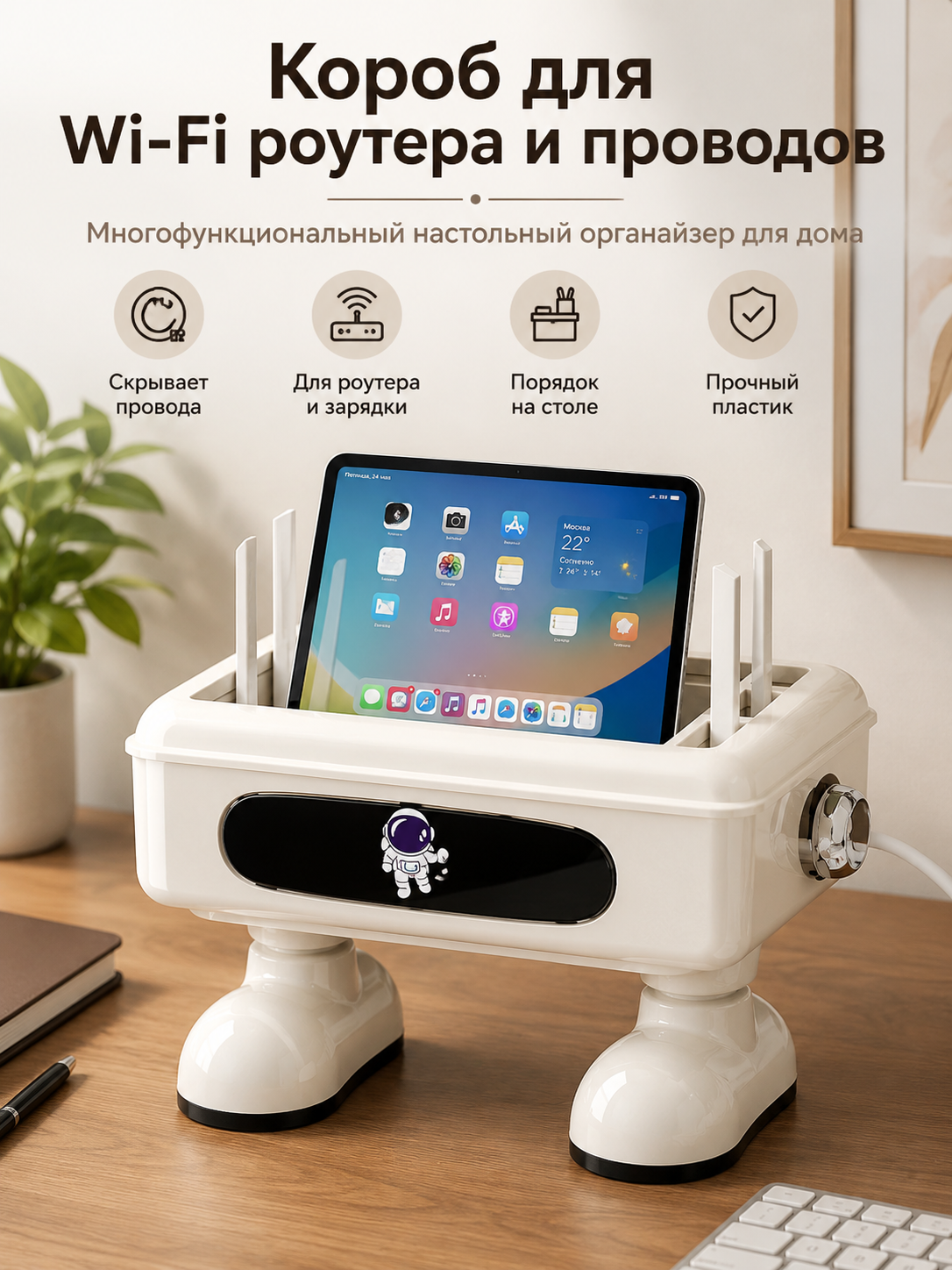 Короб для Wi-Fi роутера и проводов, настольный органайзер для кабелей, зарядок и удлинителя, пластиковый