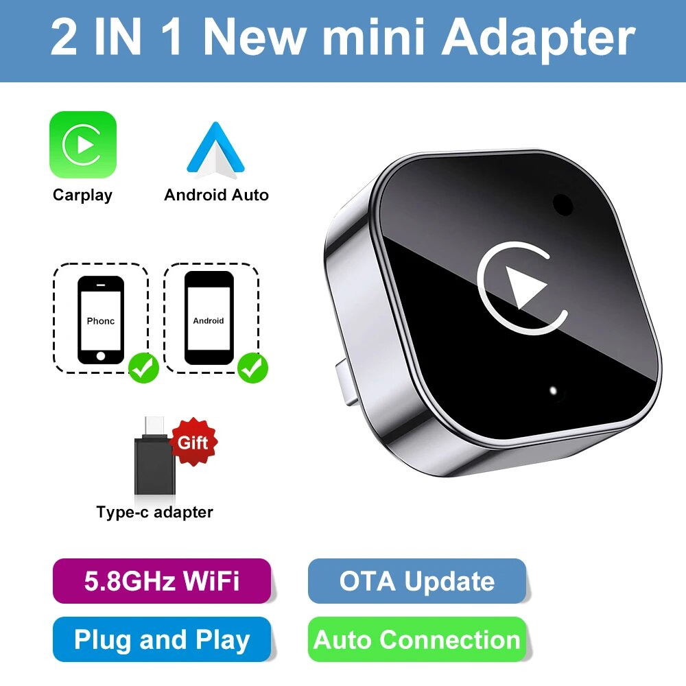 Беспроводной адаптер CarPlay FLIXIVI 2026, мини-адаптер 2-в-1, проводной-беспроводной, универсальный автомобильный аксессуар Plug and Play для Apple и Android.