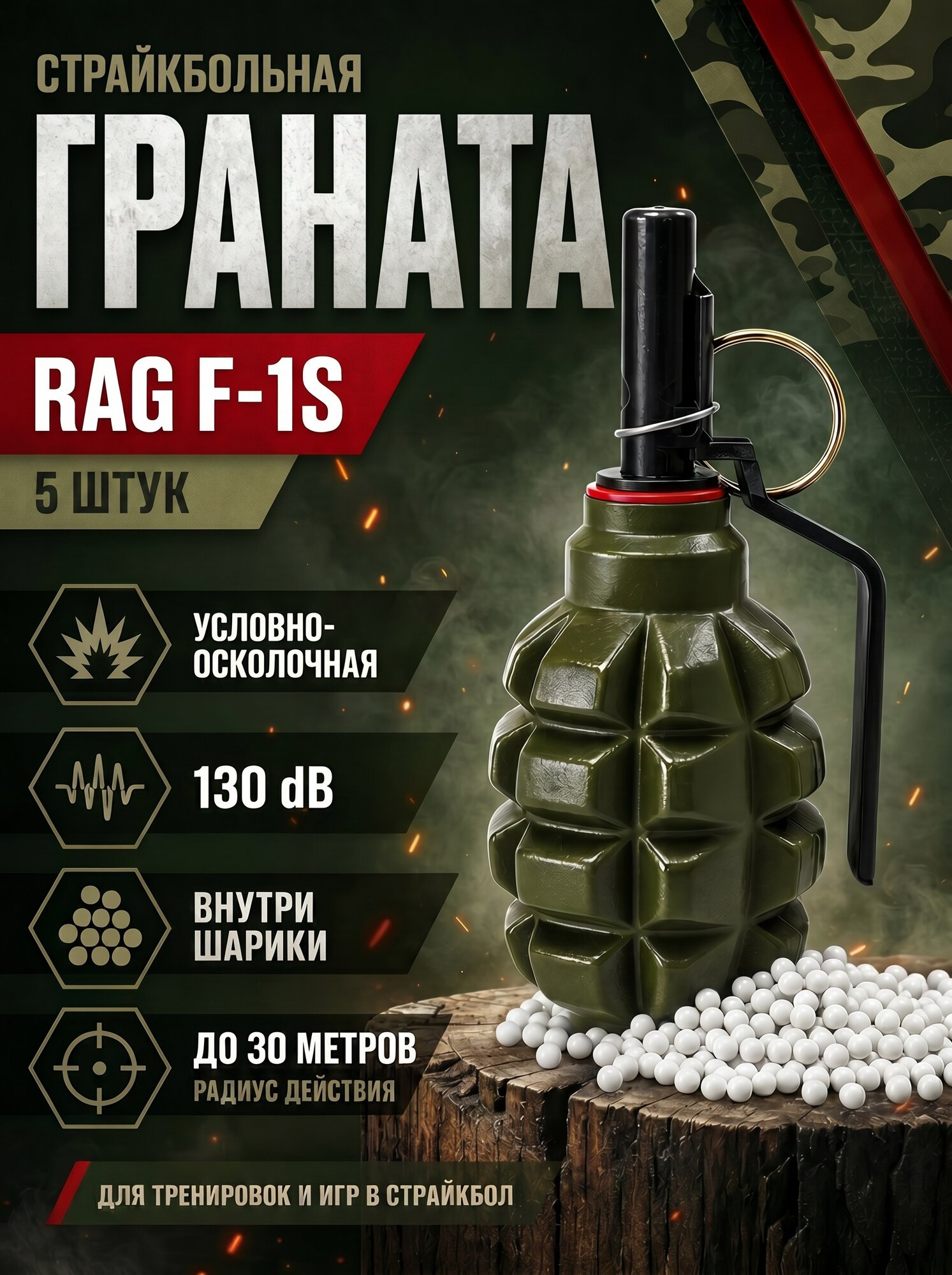 Гранаты с горохом страйкбольные RAG F-1S - 5 штук, условно-осколочные, для страйкбола и пейнтбола